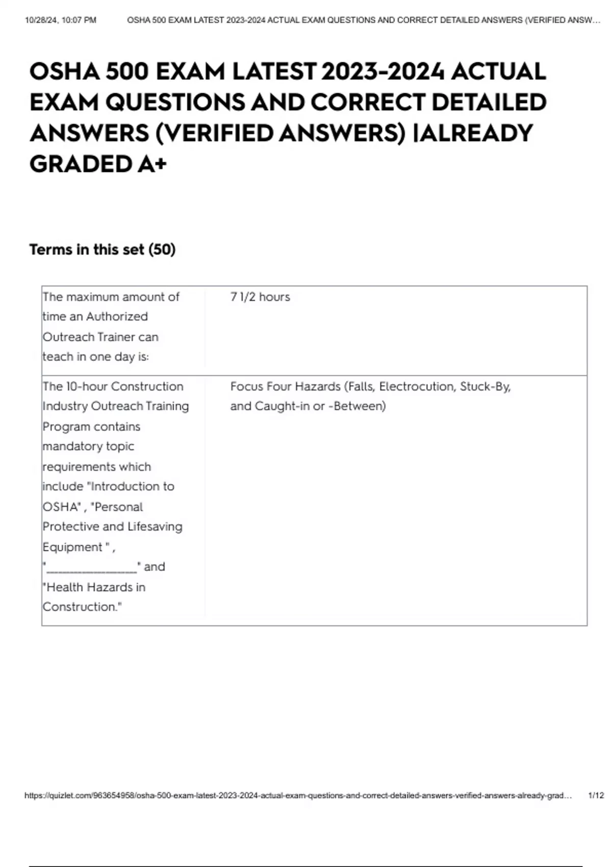 OSHA 500 EXAM LATEST ACTUAL EXAM QUESTIONS AND CORRECT DETAILED ANSWERS ...