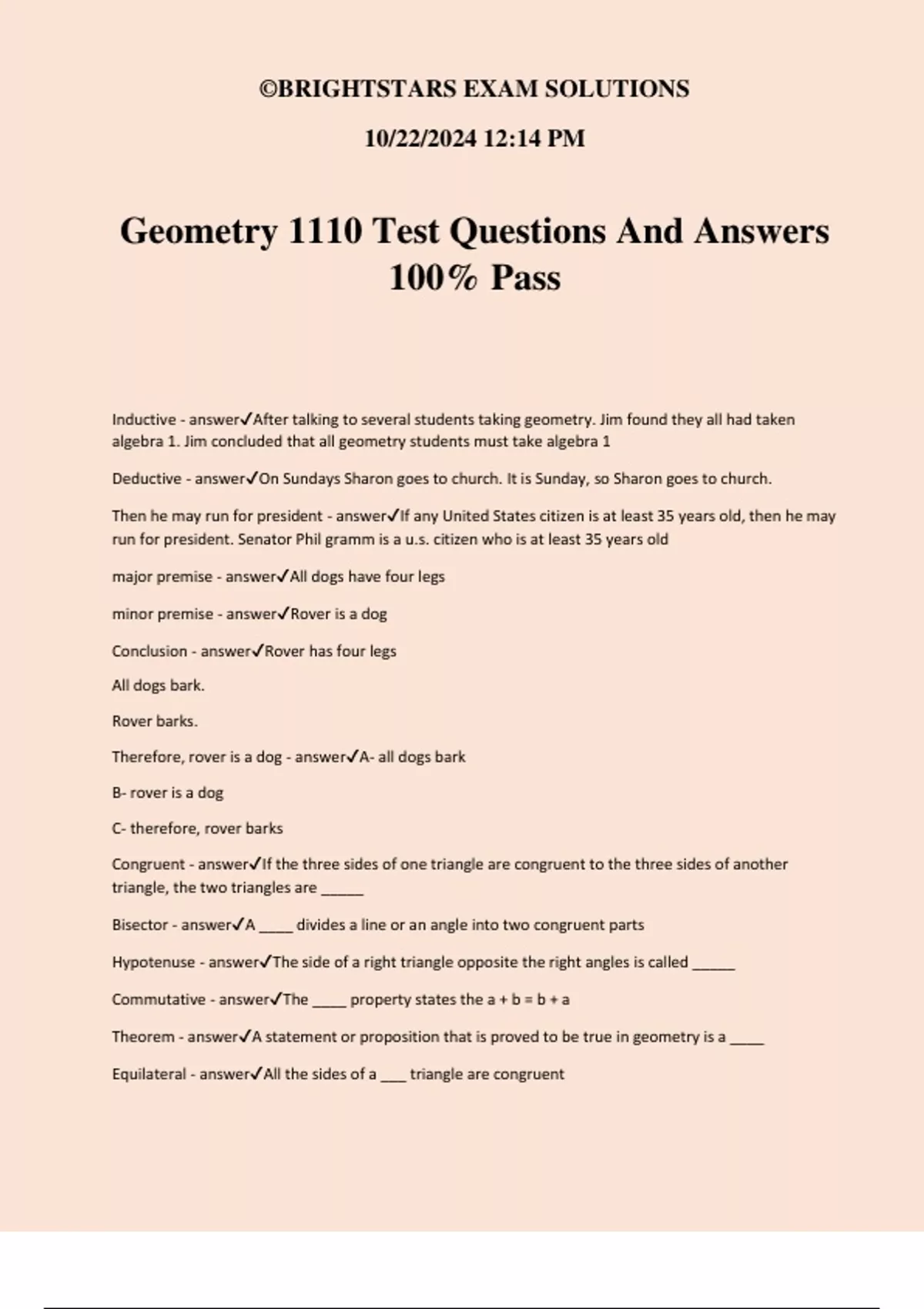 Geometry 1110 Test Questions And Answers 100% Pass - Geometry - Stuvia US
