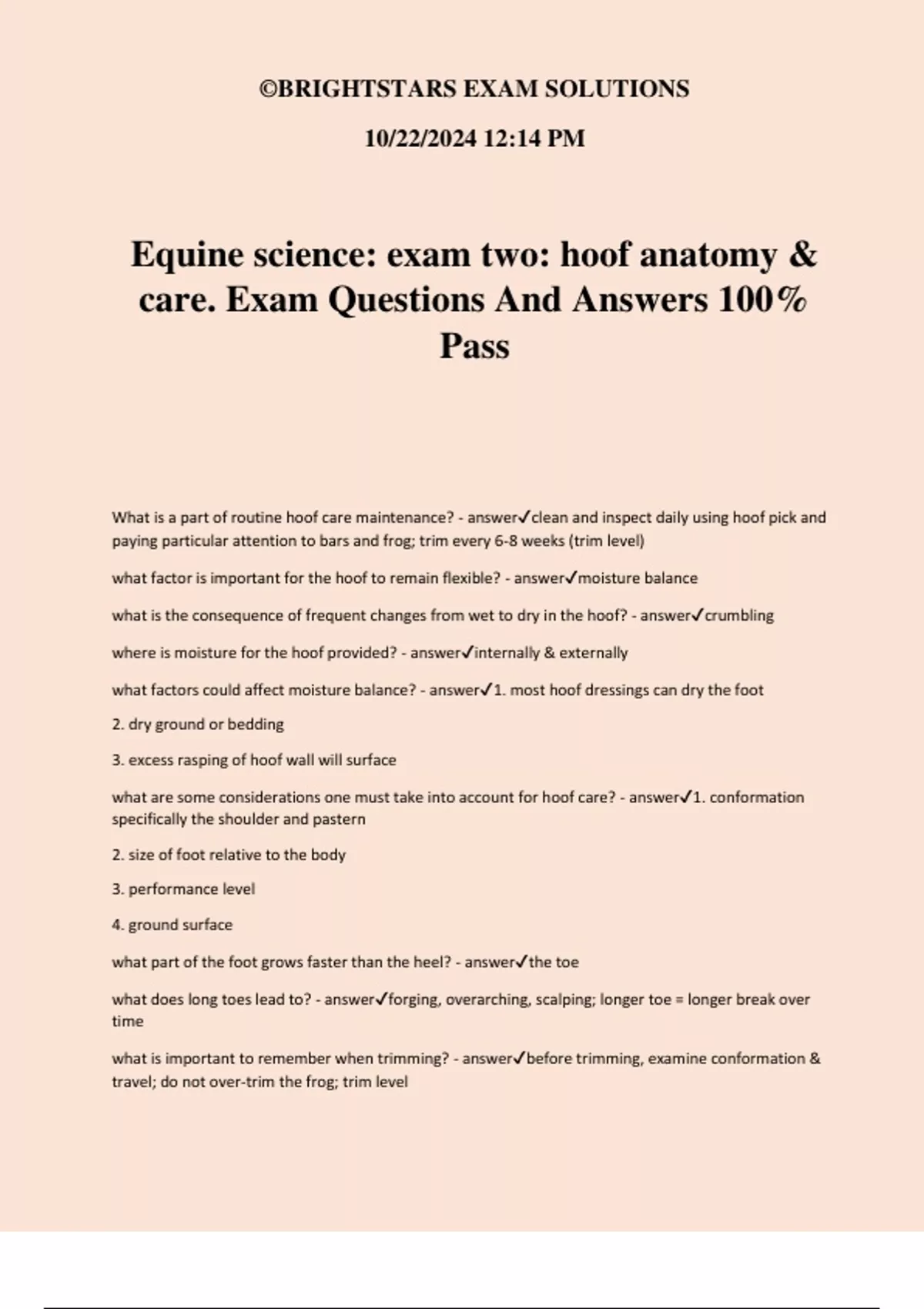 Equine science: exam two: hoof anatomy & care. Exam Questions And ...