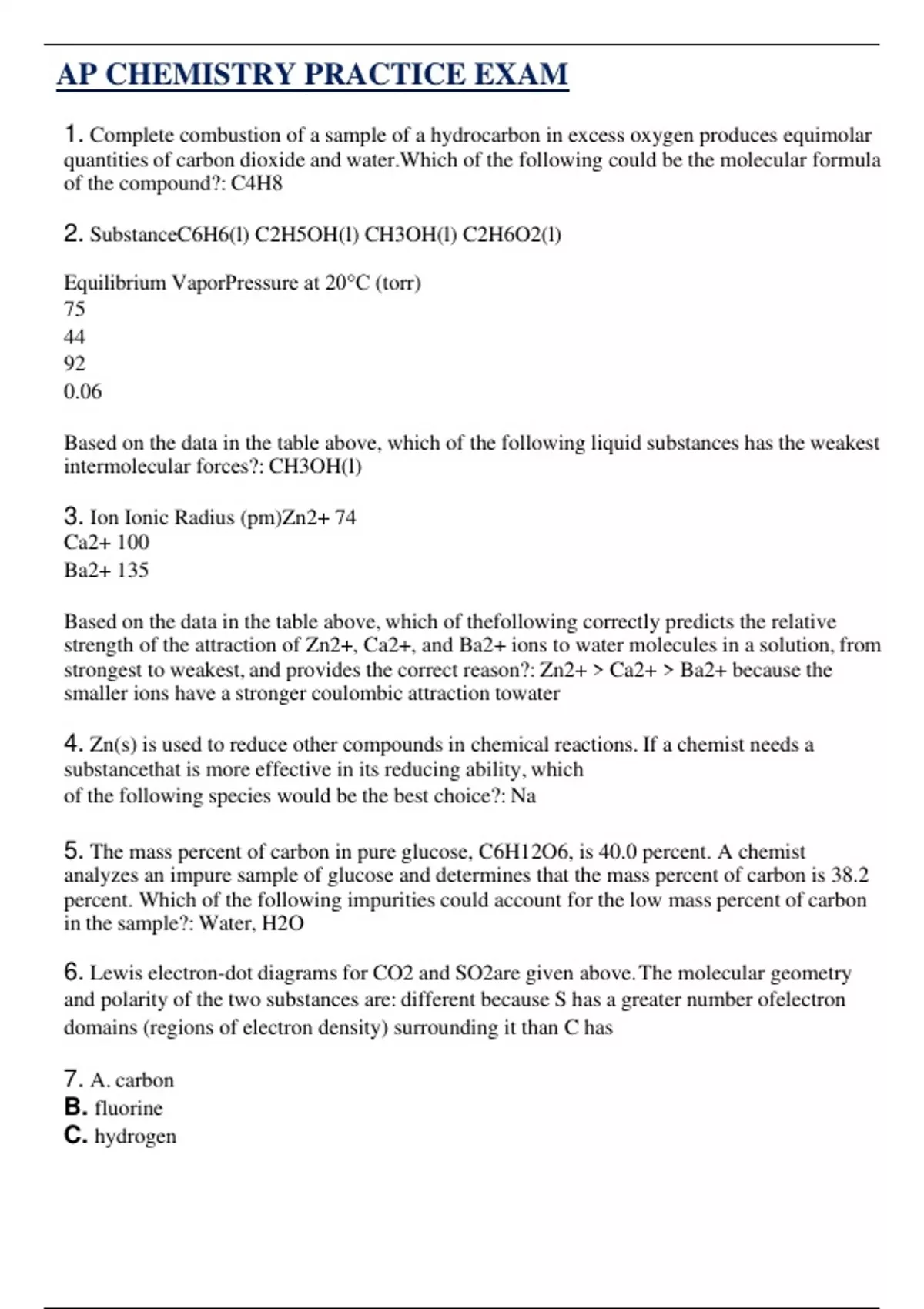 AP CHEMISTRY PRACTICE EXAM ( Latest 2024 / 2025 ) Actual Questions and ...