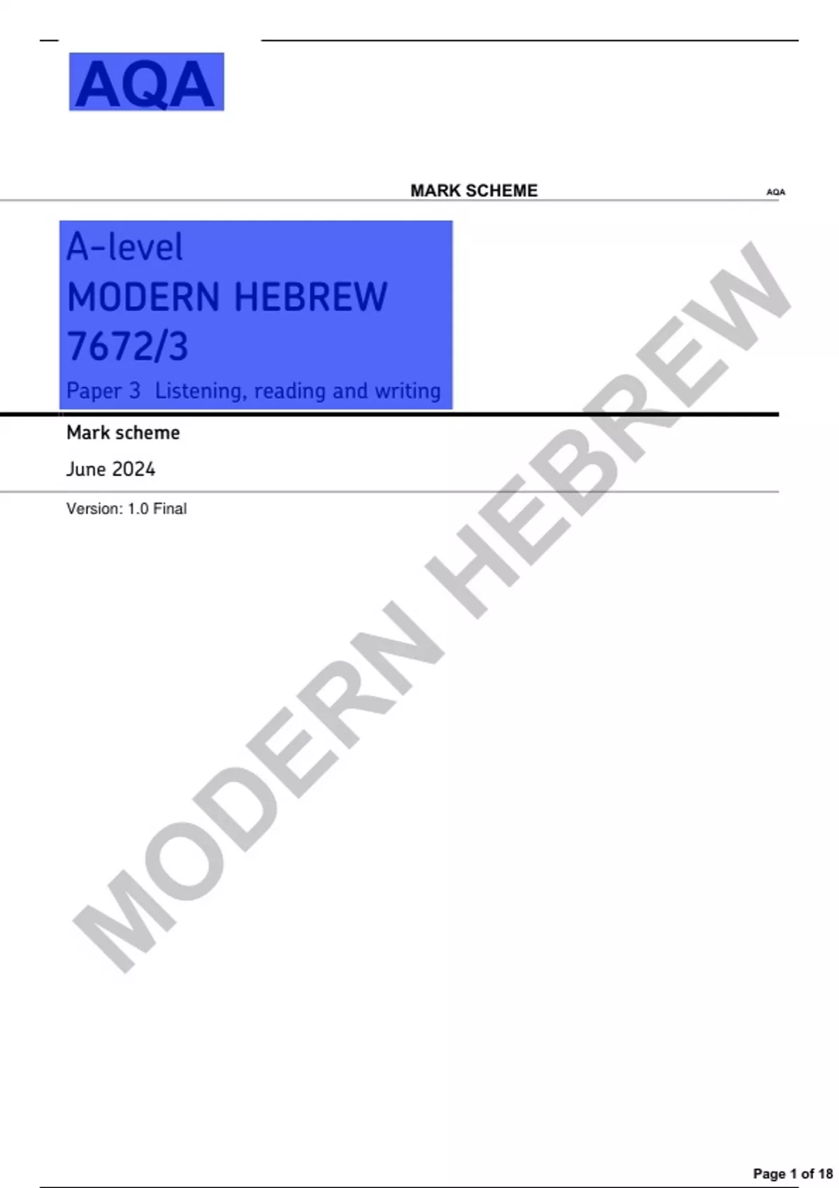 AQA-7672-3-MODERN HEBREW FINAL MARK SCHEME PAPER 3:Listening, reading ...