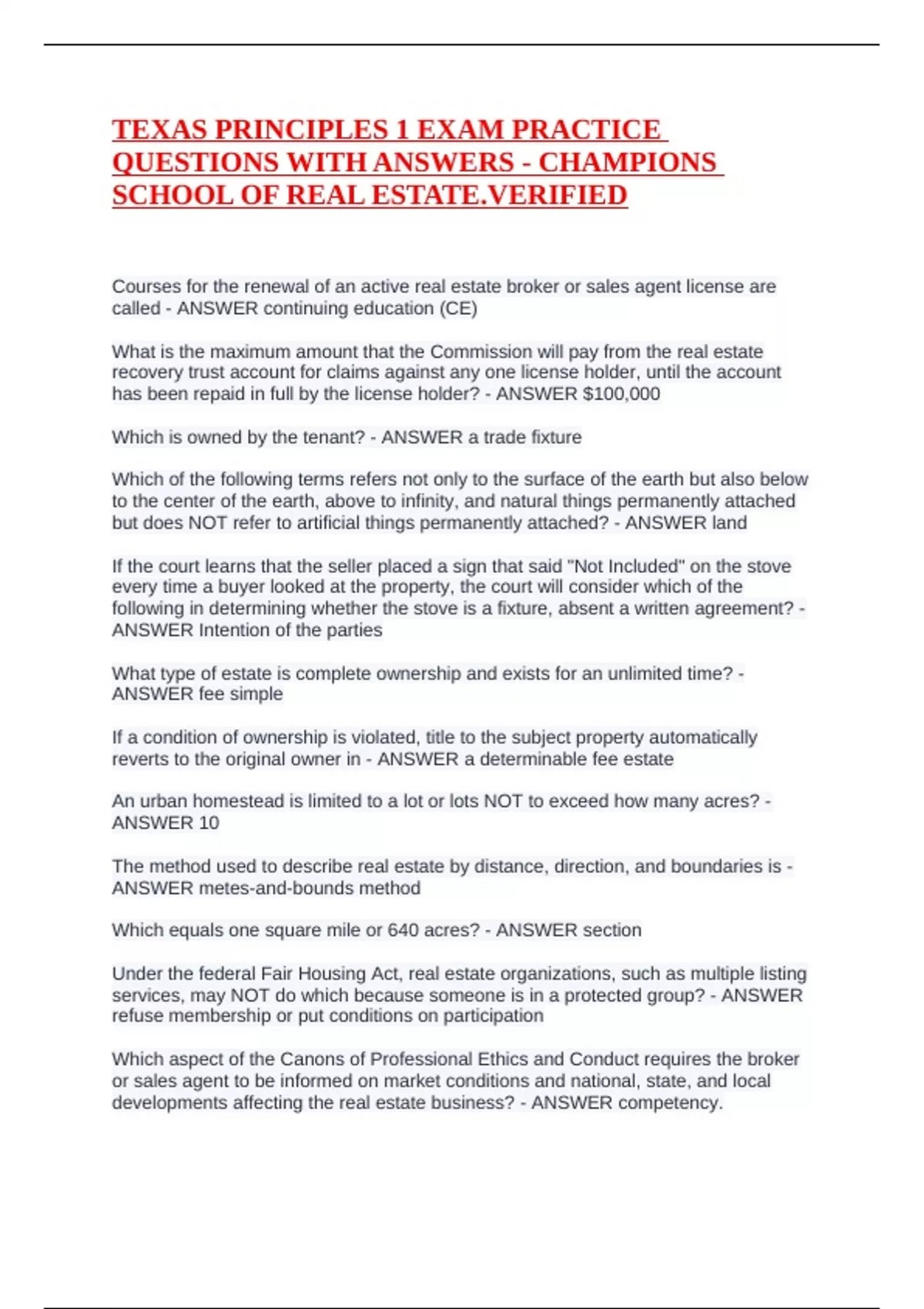 TEXAS PRINCIPLES 1 EXAM PRACTICE QUESTIONS WITH ANSWERS - TEXAS ...