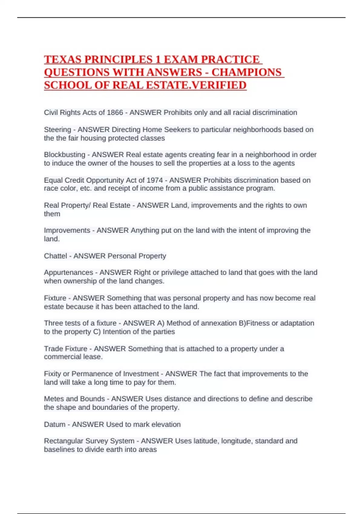 TEXAS PRINCIPLES 1 EXAM PRACTICE QUESTIONS WITH ANSWERS - TEXAS ...