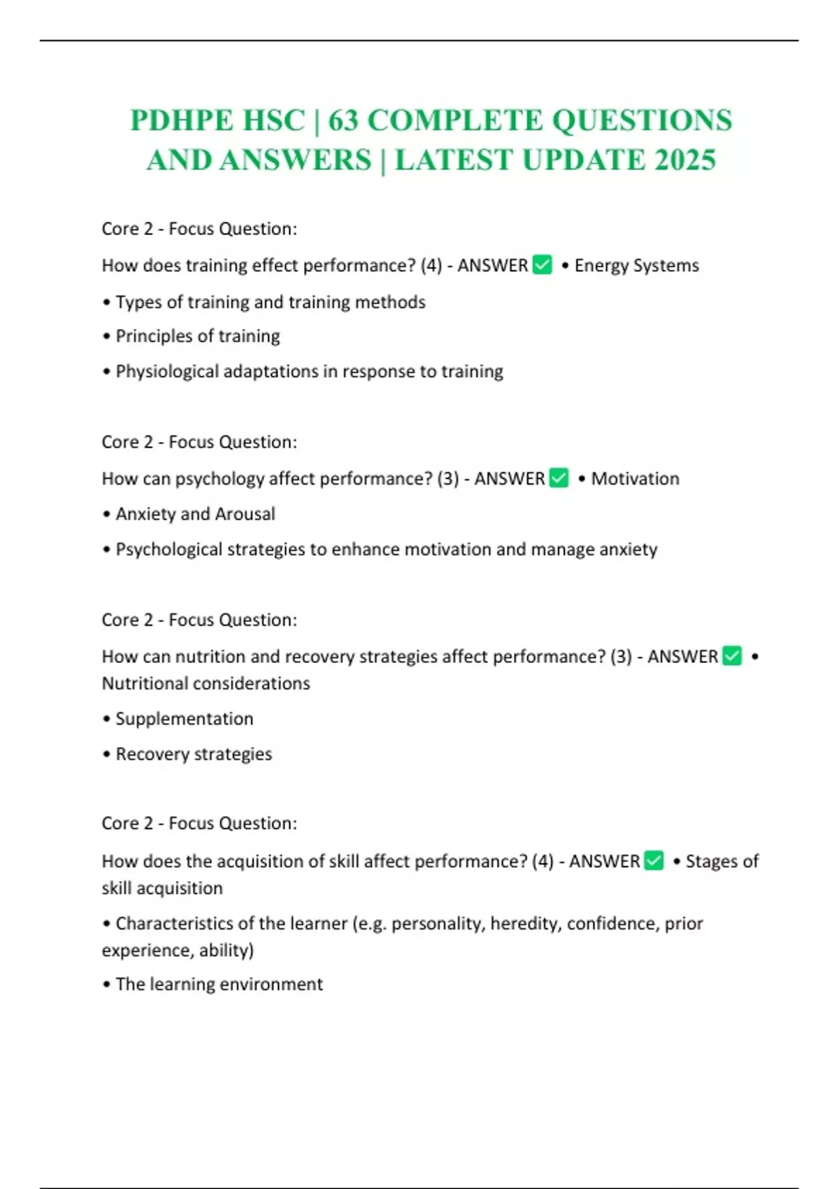 PDHPE HSC | 63 COMPLETE QUESTIONS AND ANSWERS | LATEST UPDATE 2025 ...
