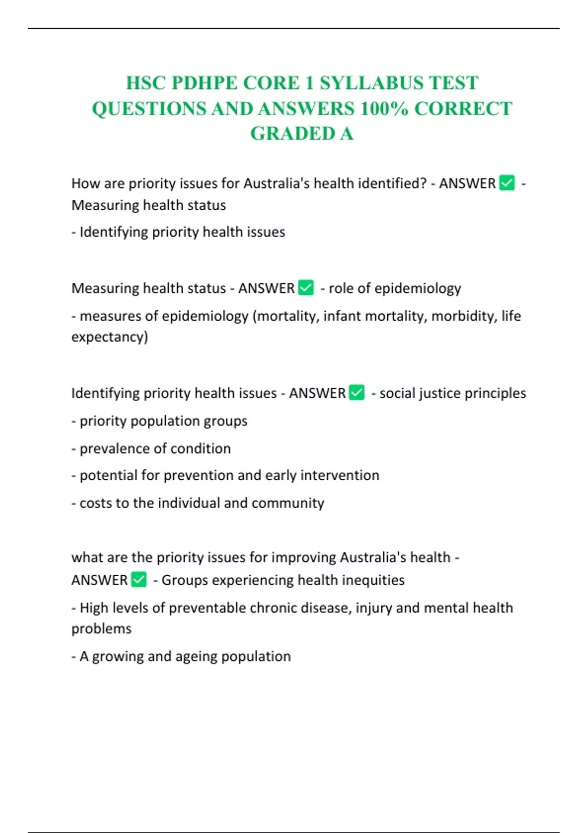 HSC PDHPE CORE 1 SYLLABUS TEST QUESTIONS AND ANSWERS 100% CORRECT ...