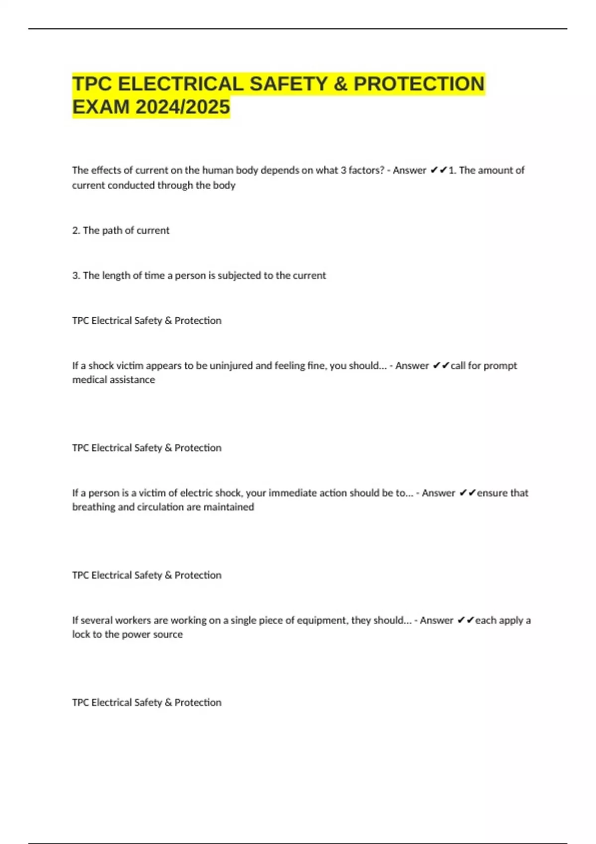 TPC ELECTRICAL SAFETY & PROTECTION EXAM 2024/2025 - TPC ELECTRICAL ...