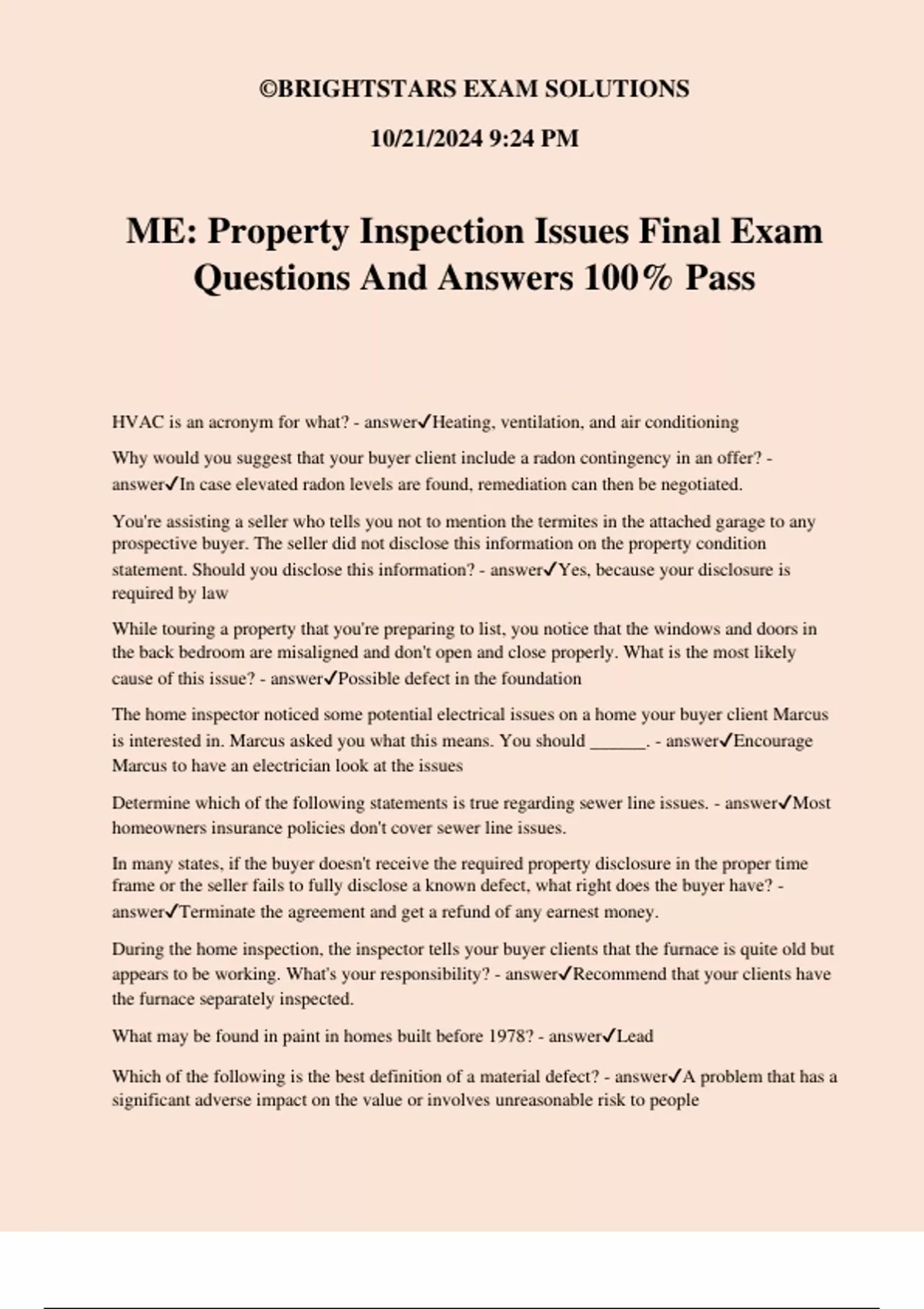 ME: Property Inspection Issues Final Exam Questions And Answers 100% ...