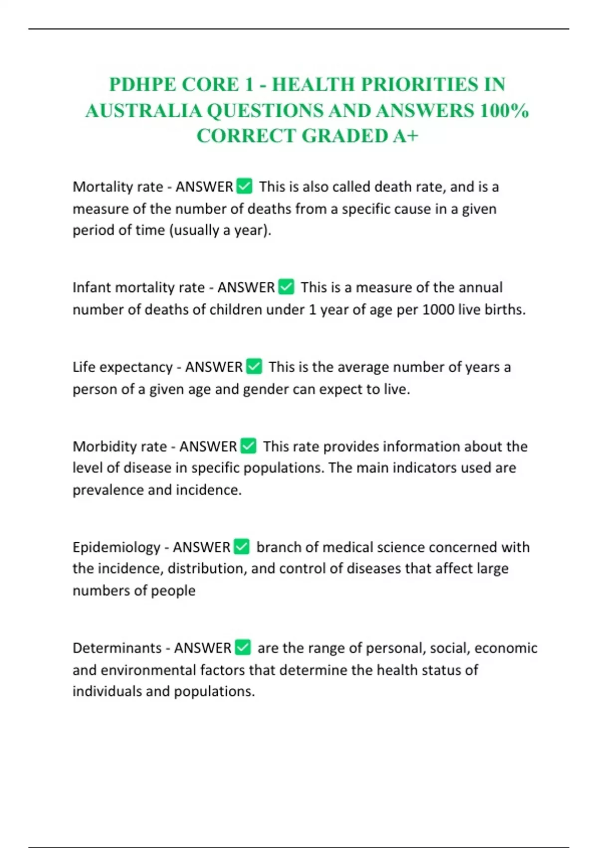 PDHPE CORE 1 - HEALTH PRIORITIES IN AUSTRALIA QUESTIONS AND ANSWERS 100 ...