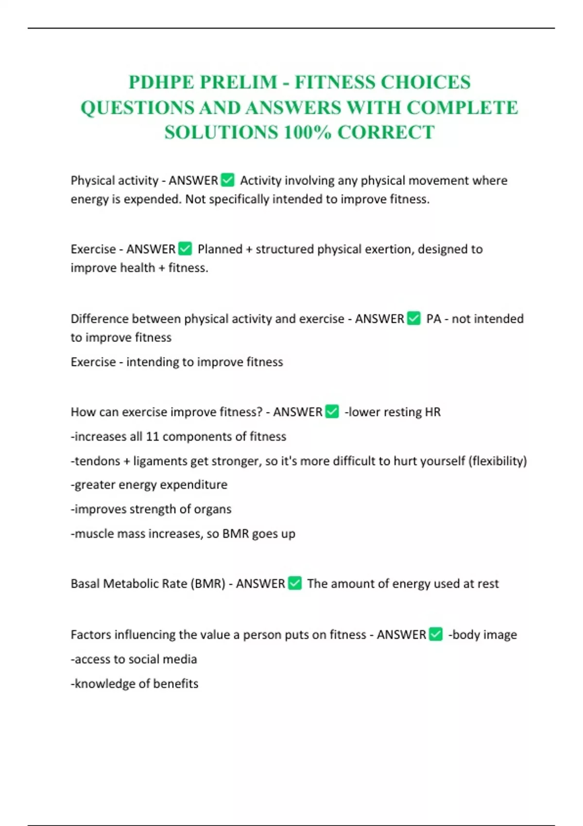 PDHPE PRELIM - FITNESS CHOICES QUESTIONS AND ANSWERS WITH COMPLETE ...