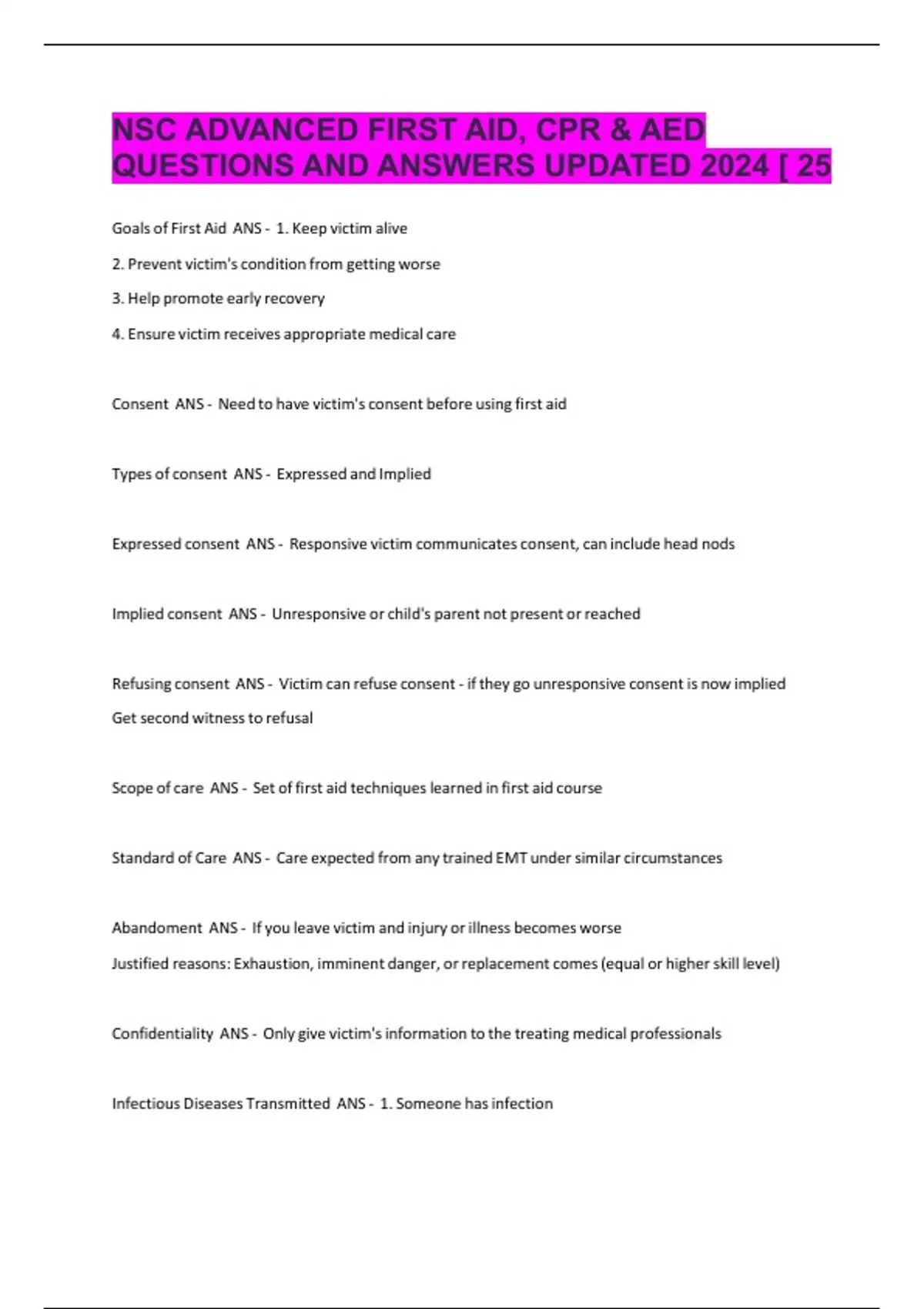 NSC ADVANCED FIRST AID, CPR & AED QUESTIONS AND ANSWERS UPDATED 2024 ...