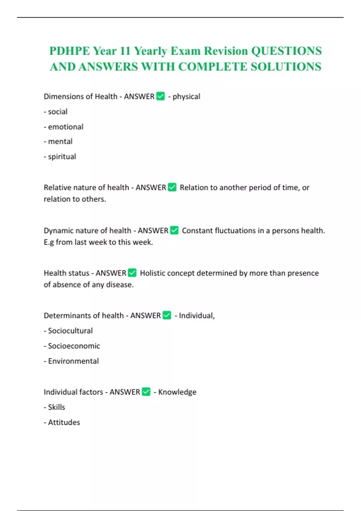 PDHPE Year 11 Yearly Exam Revision QUESTIONS AND ANSWERS WITH COMPLETE ...