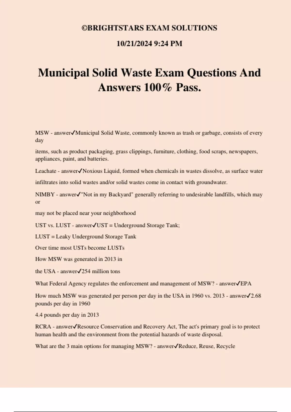 Municipal Solid Waste Exam Questions And Answers 100% Pass. - Municipal ...