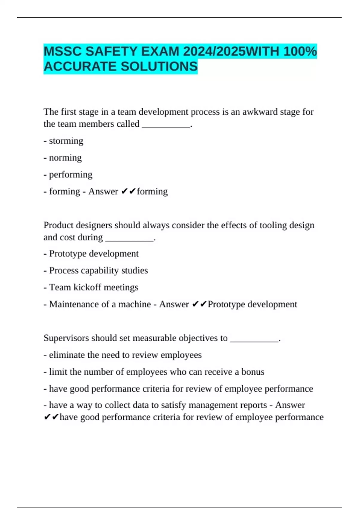 MSSC SAFETY EXAM 2024/2025WITH 100% ACCURATE SOLUTIONS - MSSC SAFETY ...