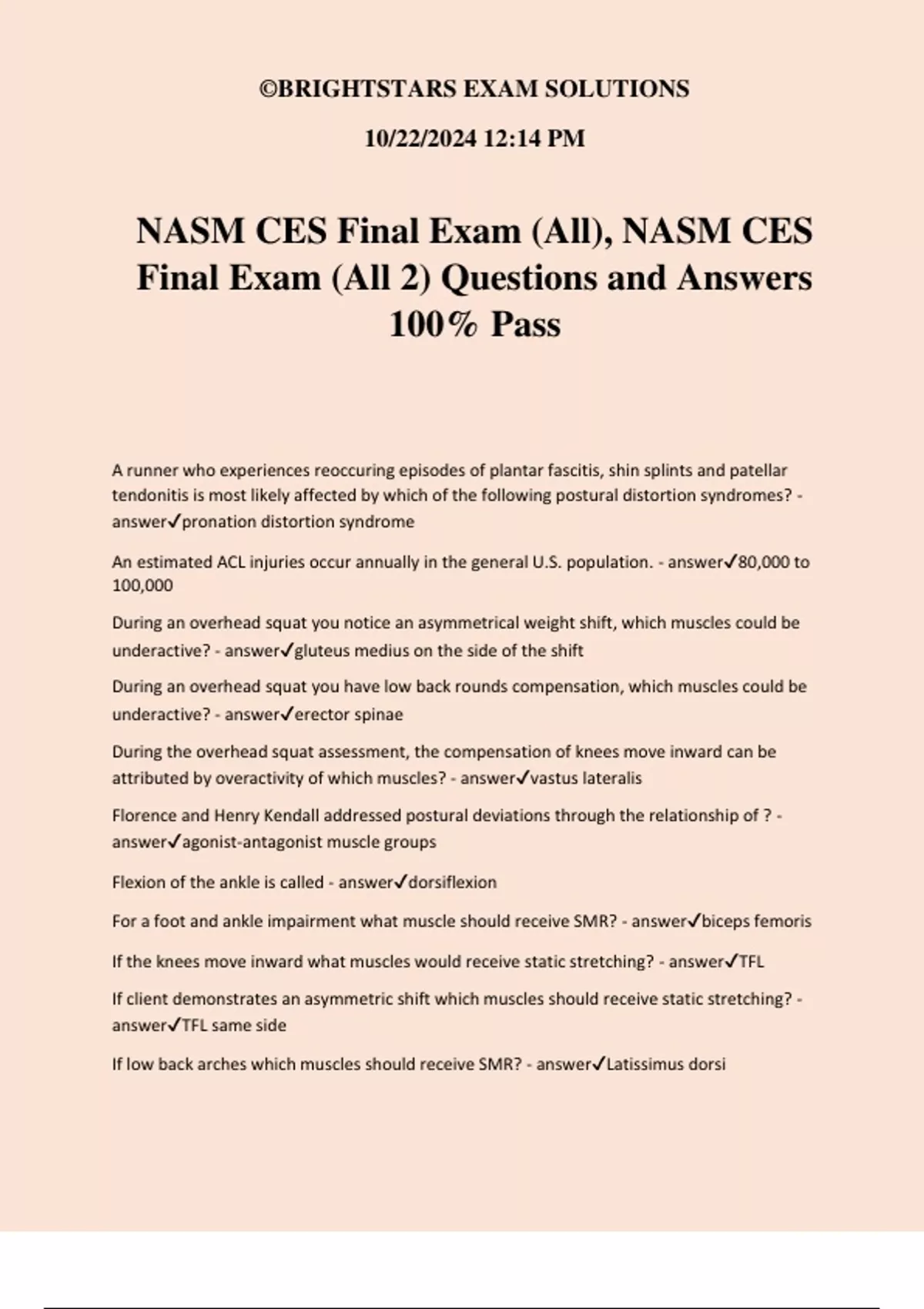 NASM CES Final Exam (All), NASM CES Final Exam (All 2) Questions and Answers 100% Pass - NASM ...