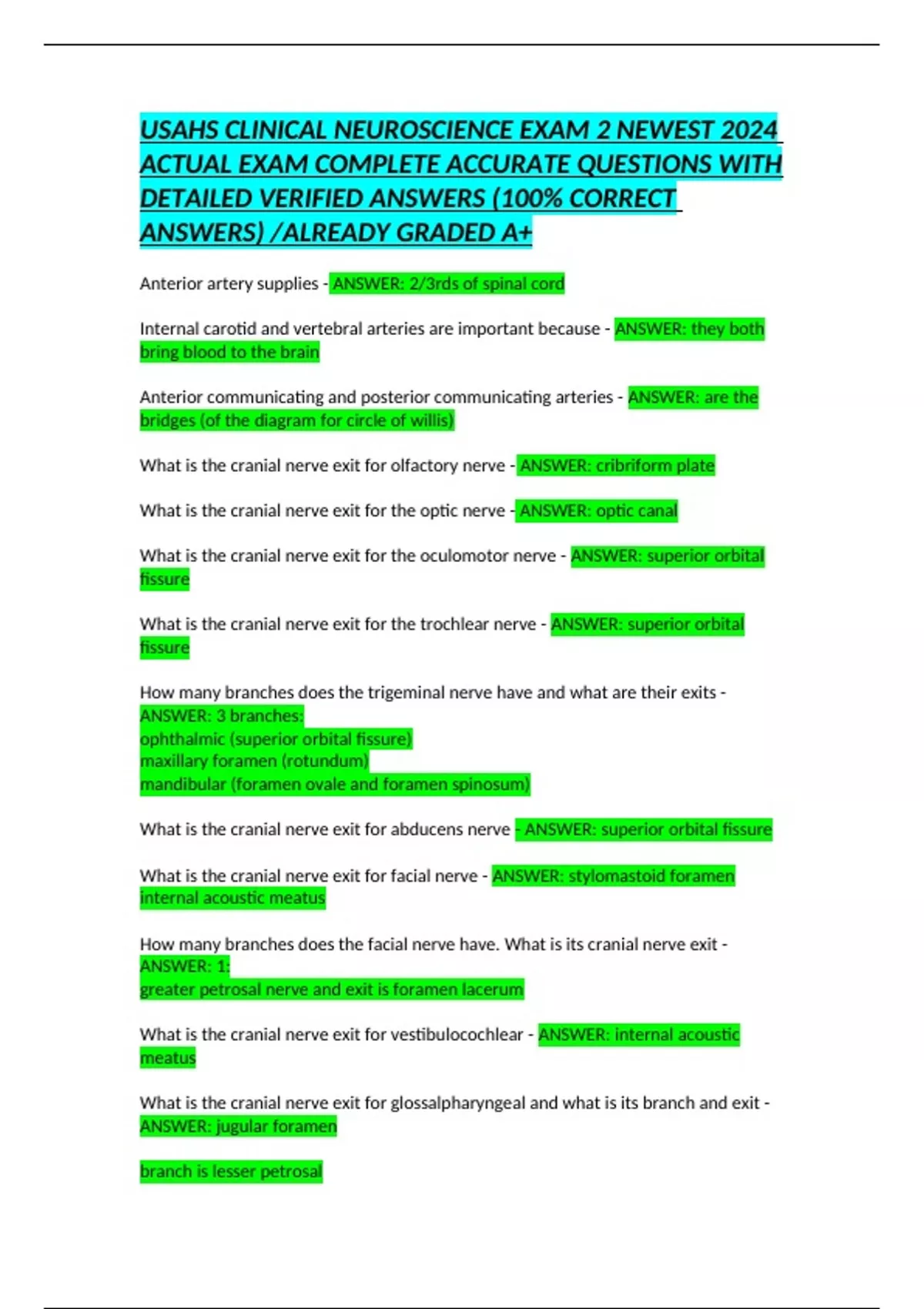 USAHS CLINICAL NEUROSCIENCE EXAM 2 NEWEST 2024 ACTUAL EXAM COMPLETE ...