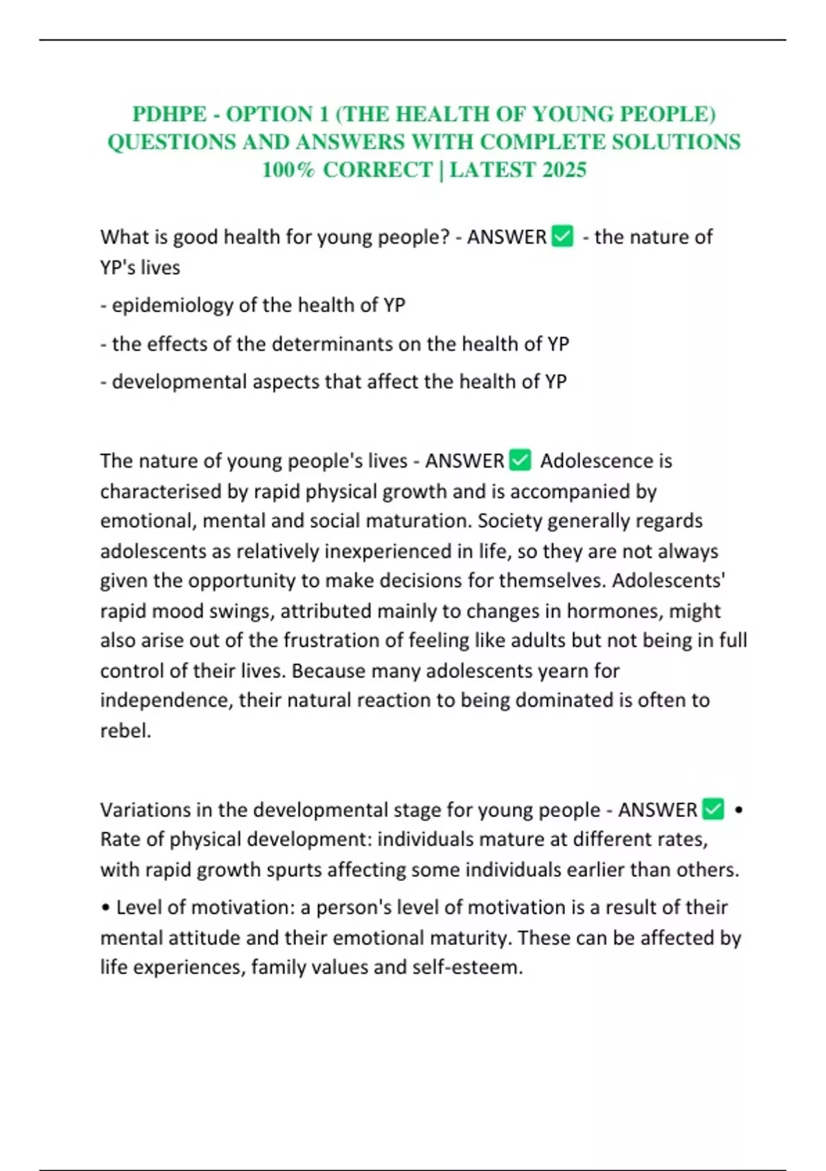 PDHPE - OPTION 1 (THE HEALTH OF YOUNG PEOPLE) QUESTIONS AND ANSWERS ...