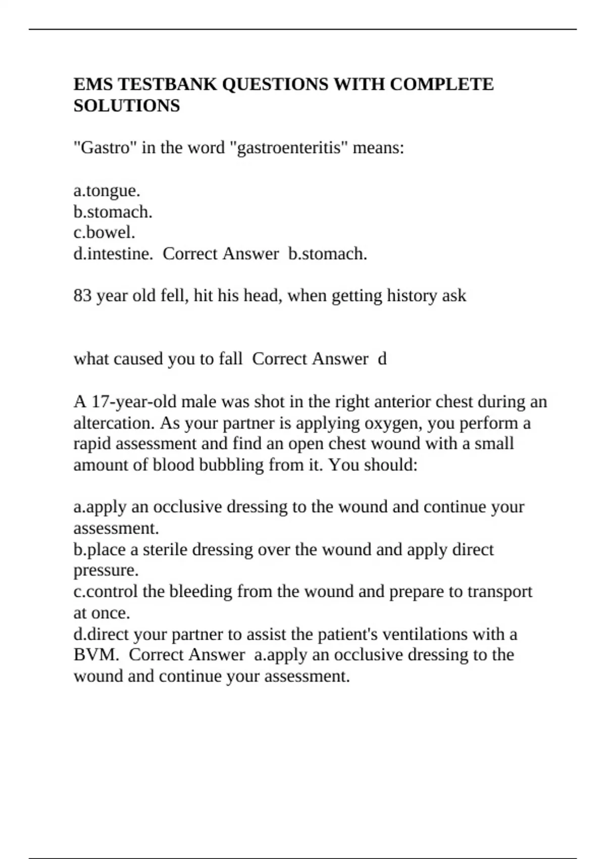 EMS TESTBANK QUESTIONS WITH COMPLETE SOLUTIONS - EMS - Stuvia US