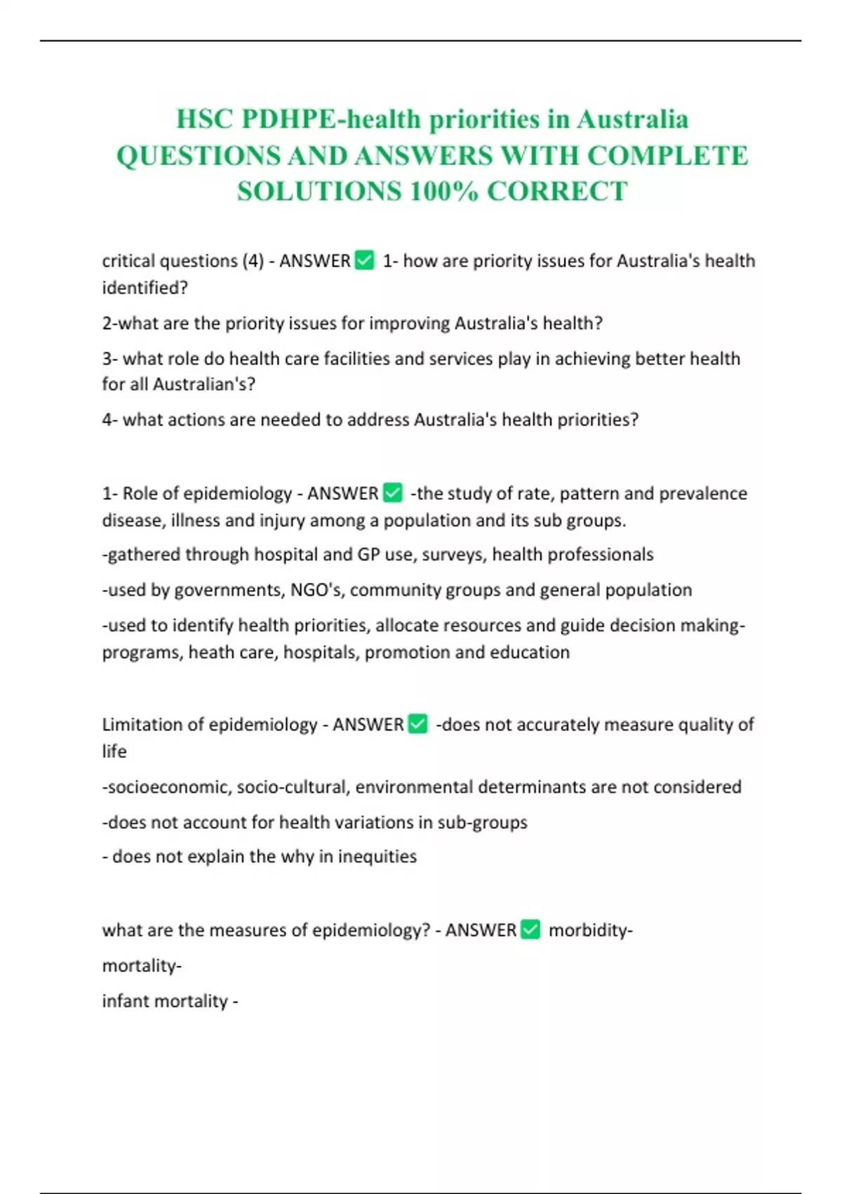 HSC PDHPE-health priorities in Australia QUESTIONS AND ANSWERS WITH ...