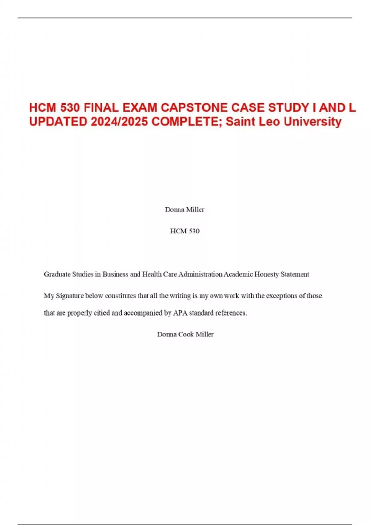 HCM 530 FINAL EXAM CAPSTONE CASE STUDY I AND L UPDATED 2024/2025 ...