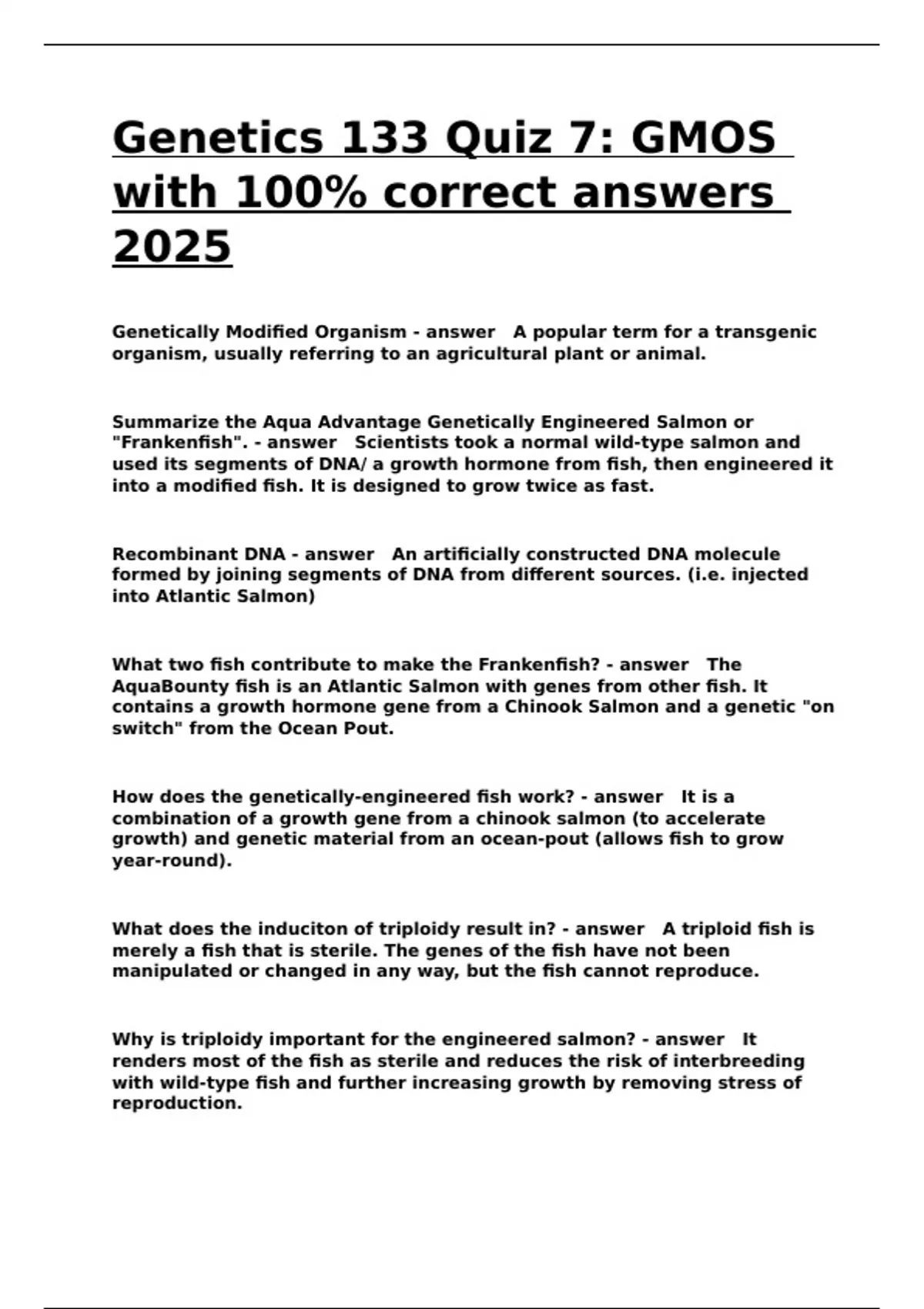 Genetics 133 Quiz 7 GMOS with 100- correct answers 2025 - Genetics 133: - Stuvia US