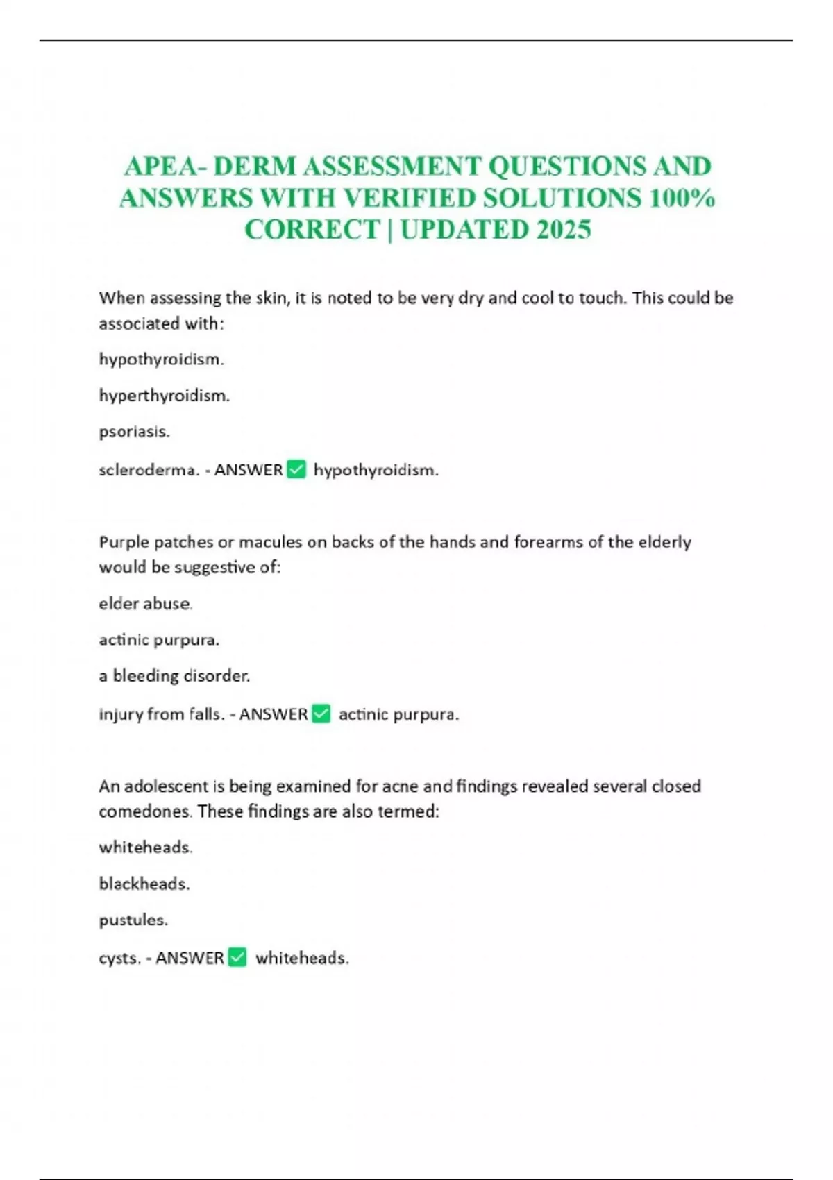 APEA- DERM ASSESSMENT QUESTIONS AND ANSWERS WITH VERIFIED SOLUTIONS 100 ...