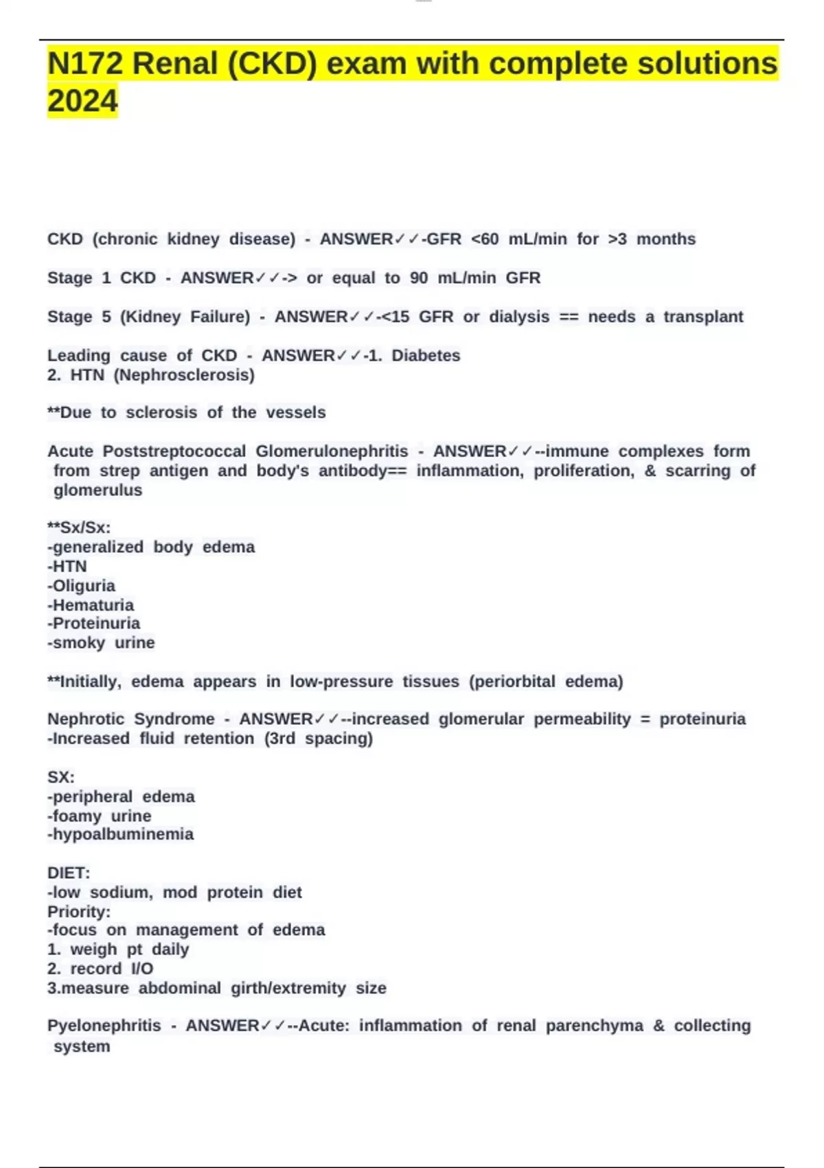 N172 Renal (CKD) exam with complete solutions 2024. - N172 - Stuvia US