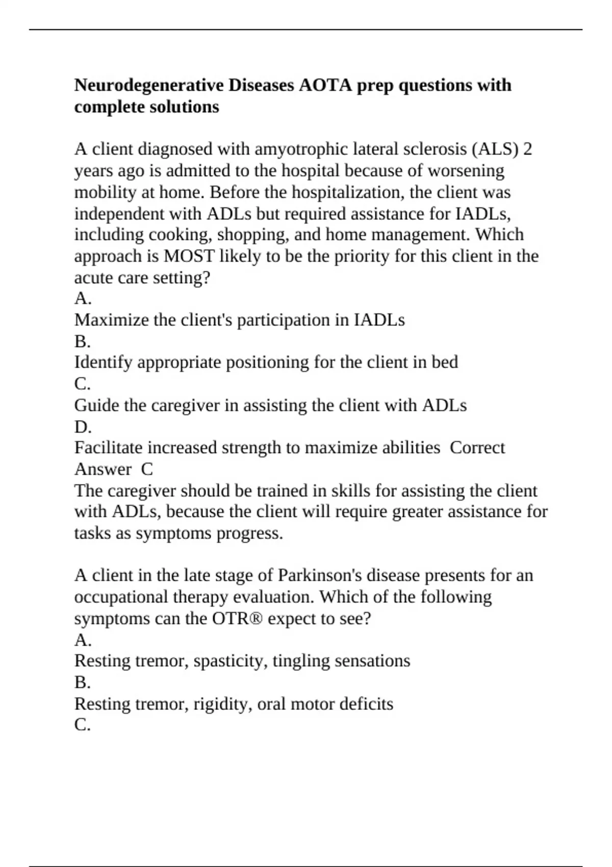 Neurodegenerative Diseases AOTA prep questions with complete solutions ...