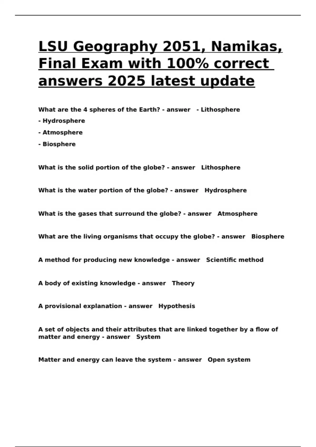LSU Geography 2051, Namikas, Final Exam with 100- correct answers 2025 ...