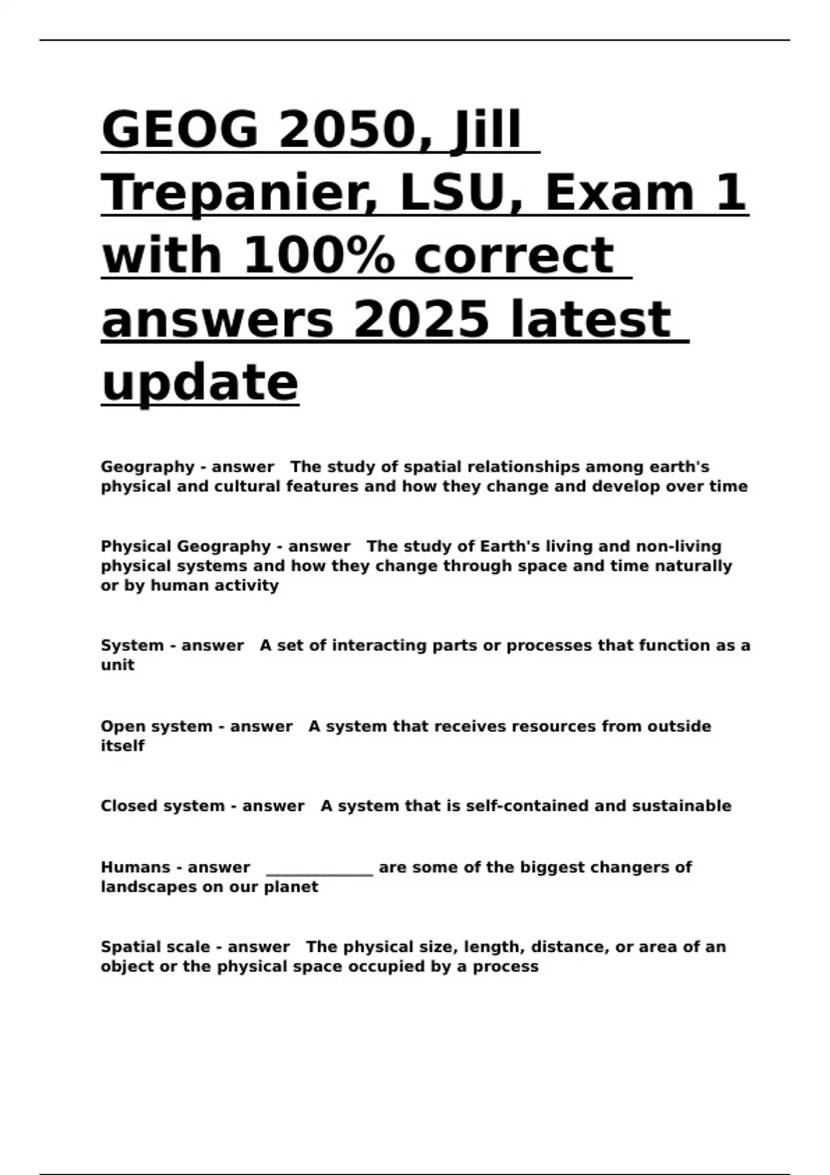 GEOG 2050, Jill Trepanier, LSU, Exam 1 with 100- correct answers 2025 ...