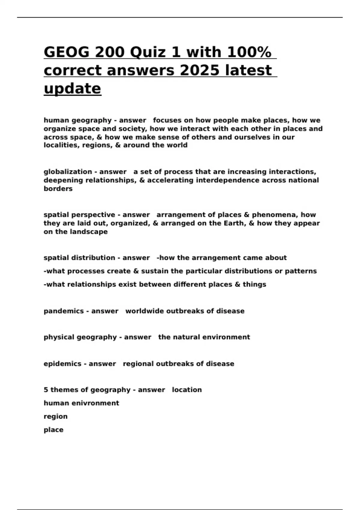 GEOG 200 Quiz 1 with 100- correct answers 2025 latest update - GEOG 200 ...