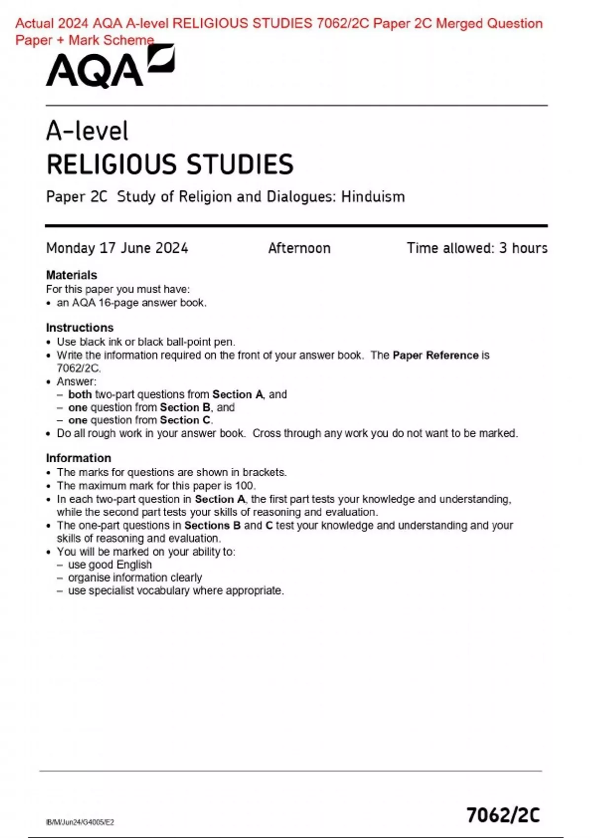 Actual 2024 AQA A-level RELIGIOUS STUDIES 7062/2C Paper 2C Study of ...