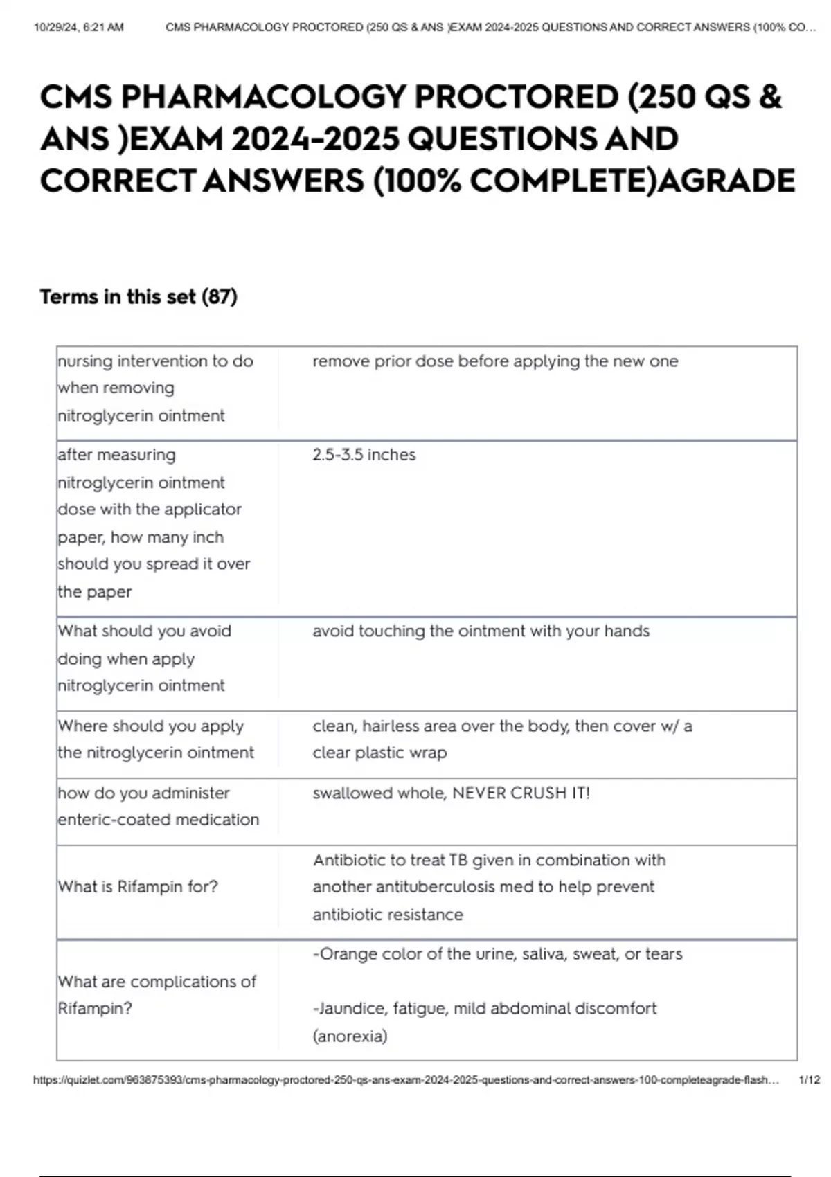 CMS PHARMACOLOGY PROCTORED (250 QS & ANS )EXAM QUESTIONS AND CORRECT ...