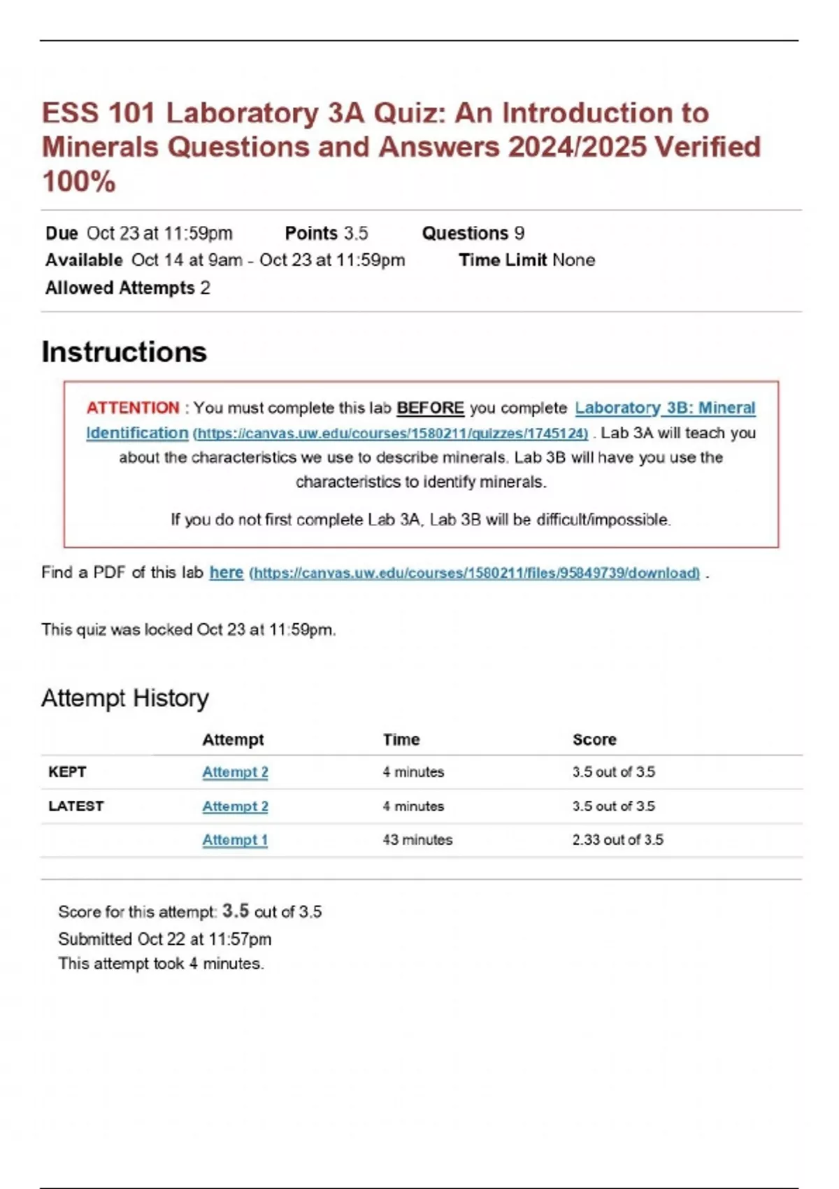 ESS 101 Laboratory 3A Quiz: An Introduction to Minerals Questions and Answers 2024/2025 Verified ...