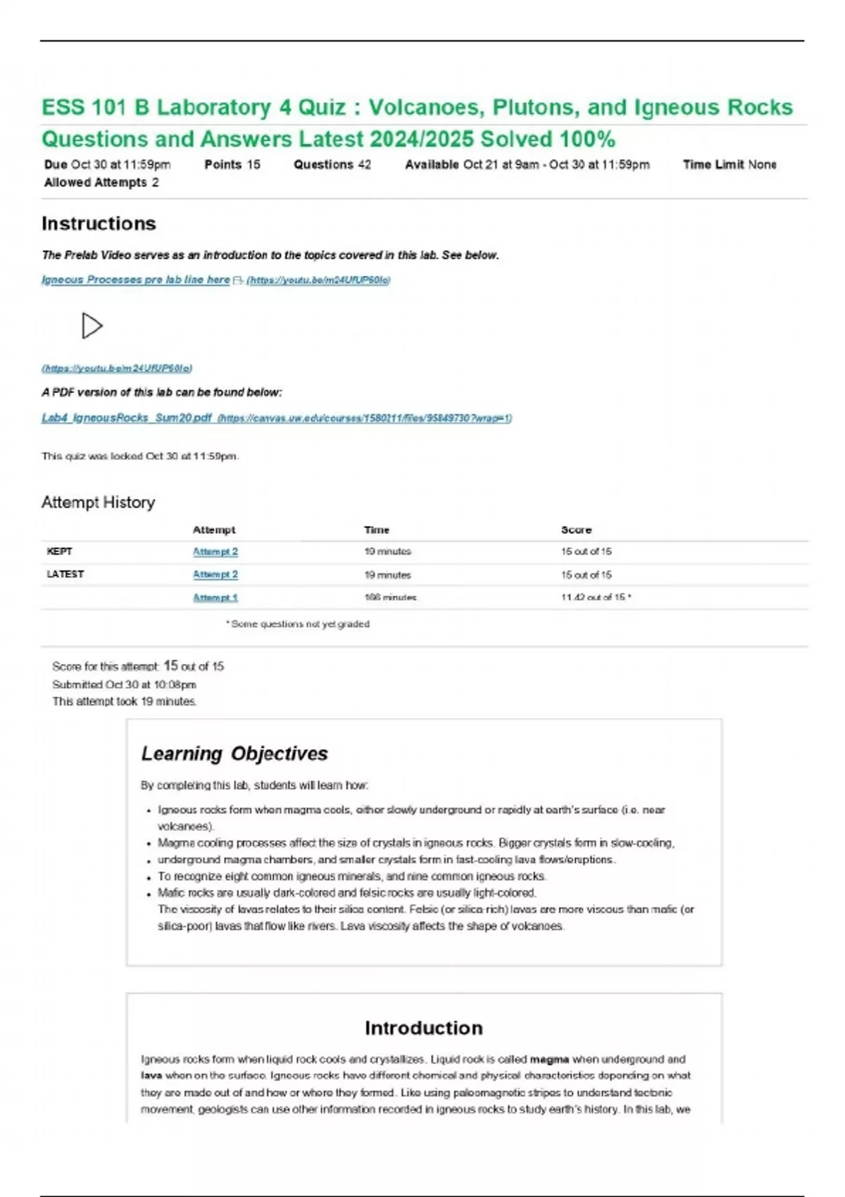 Ess 101 B Laboratory 4 Quiz Volcanoes Plutons And Igneous Rocks Questions And Answers Latest