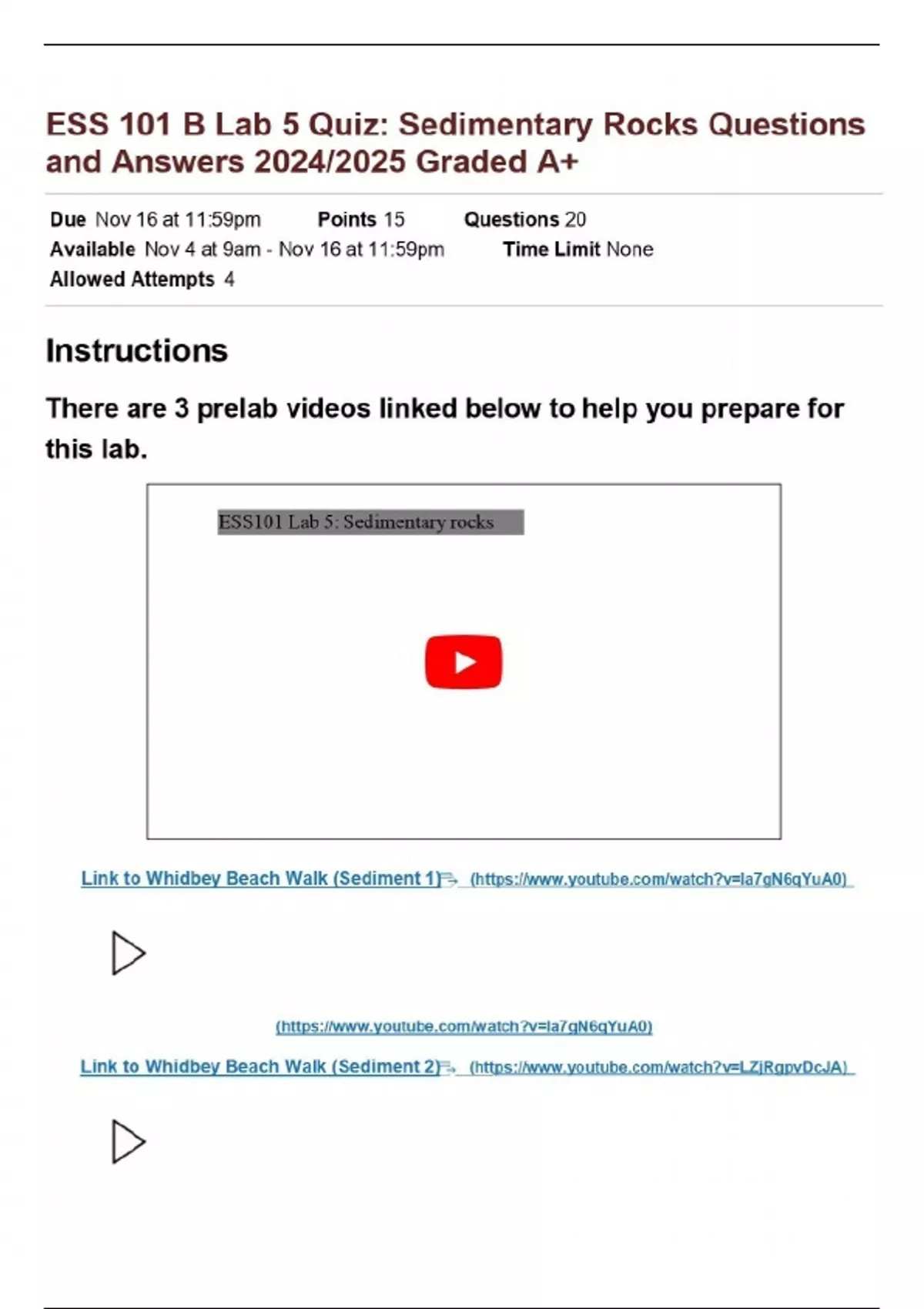 ESS 101 B Lab 5 Quiz: Sedimentary Rocks Questions and Answers 2024/2025 Solved 100% Correct ...
