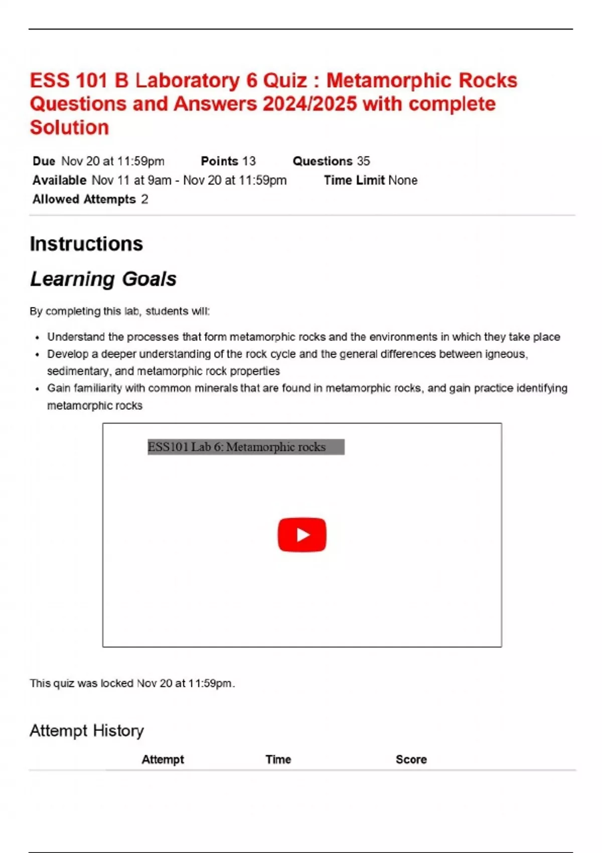 ESS 101 B Laboratory 6 Quiz : Metamorphic Rocks Questions and Answers 2024/2025 with complete ...