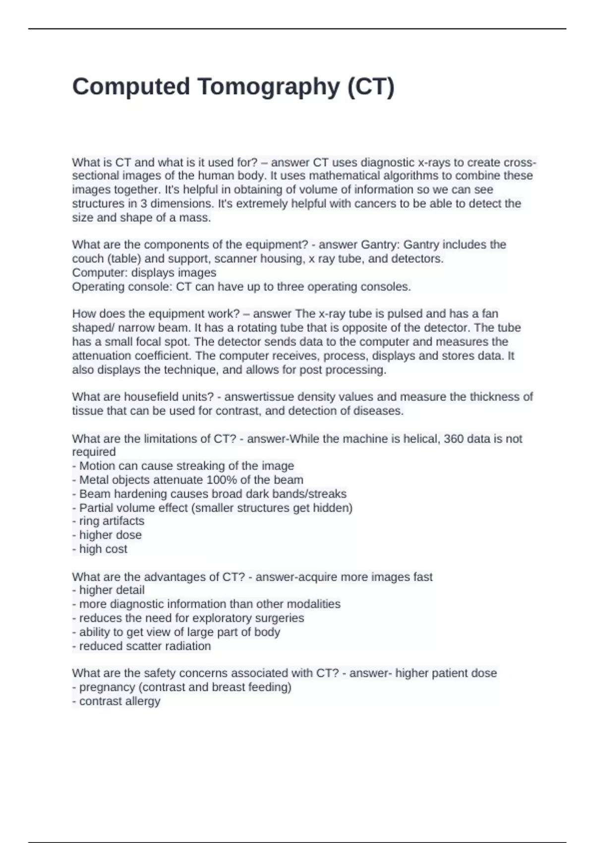 Computed Tomography (CT) Questions with Accurate Answers - TBR-CT - Training from the BACK of ...