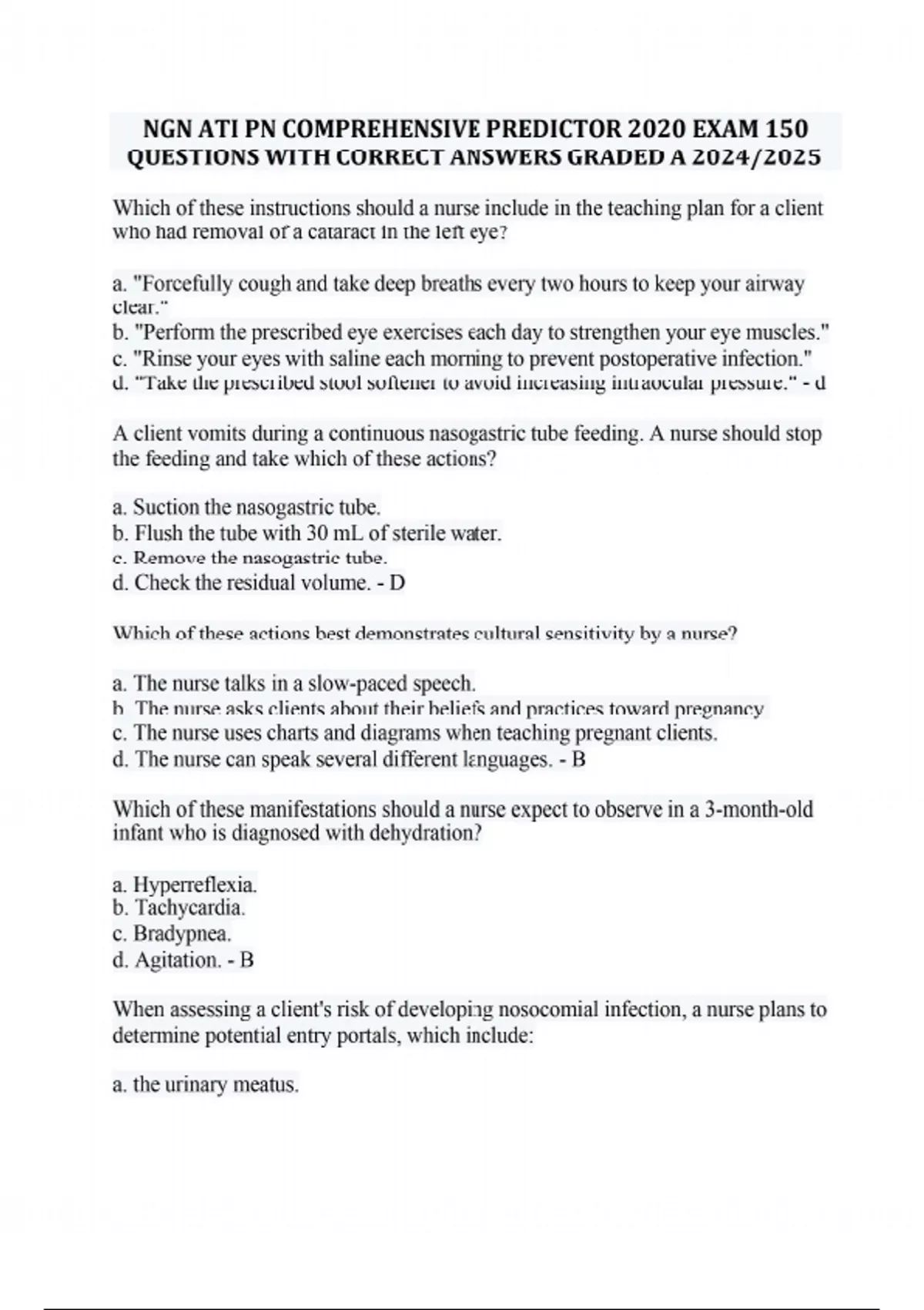 NGN ATI PN COMPREHENSIVE PREDICTOR 2020 EXAM 150 QUESTIONS WITH CORRECT ...