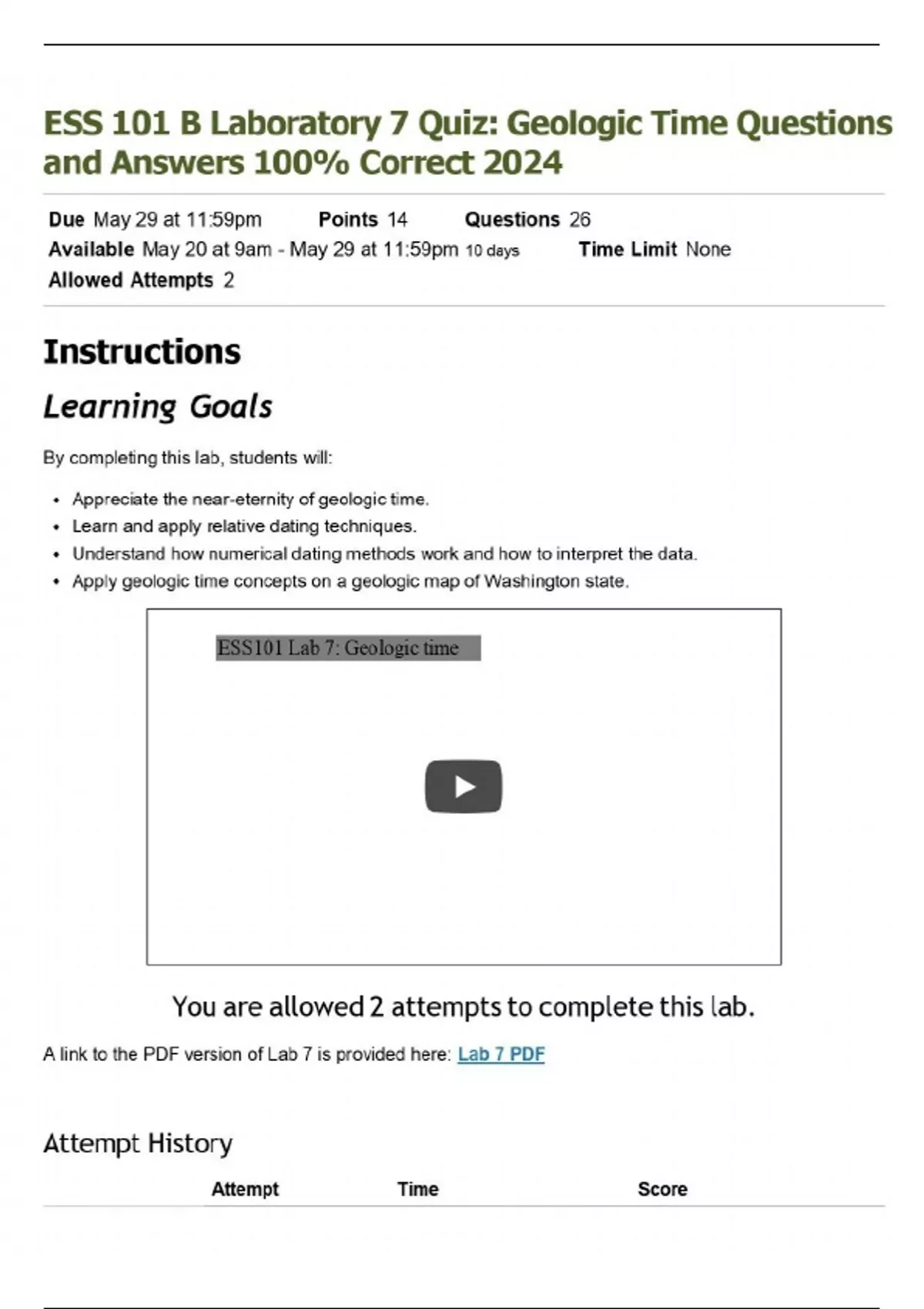 Ess 101 B Laboratory 7 Quiz Geologic Time Questions And Answers 100 Correct 2024 Ess 101