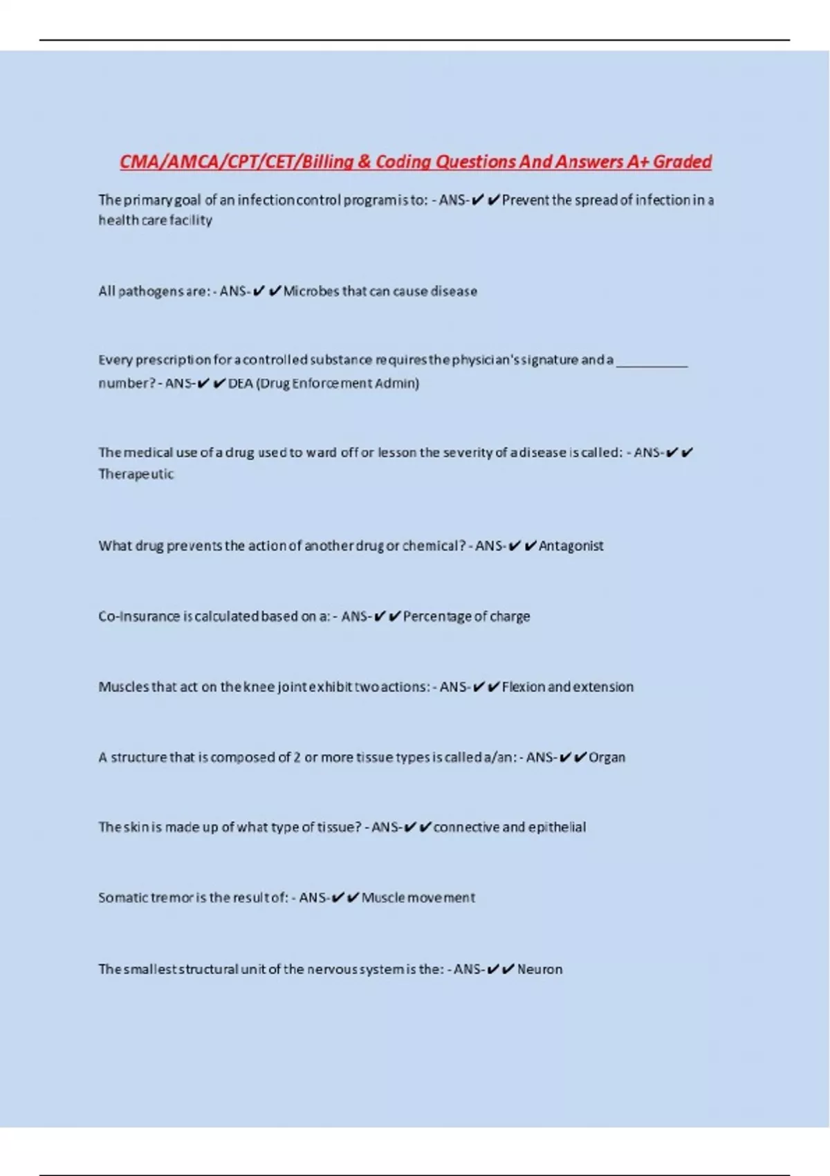 CMA/AMCA/CPT/CET/Billing & Coding Questions And Answers A+ Graded The ...