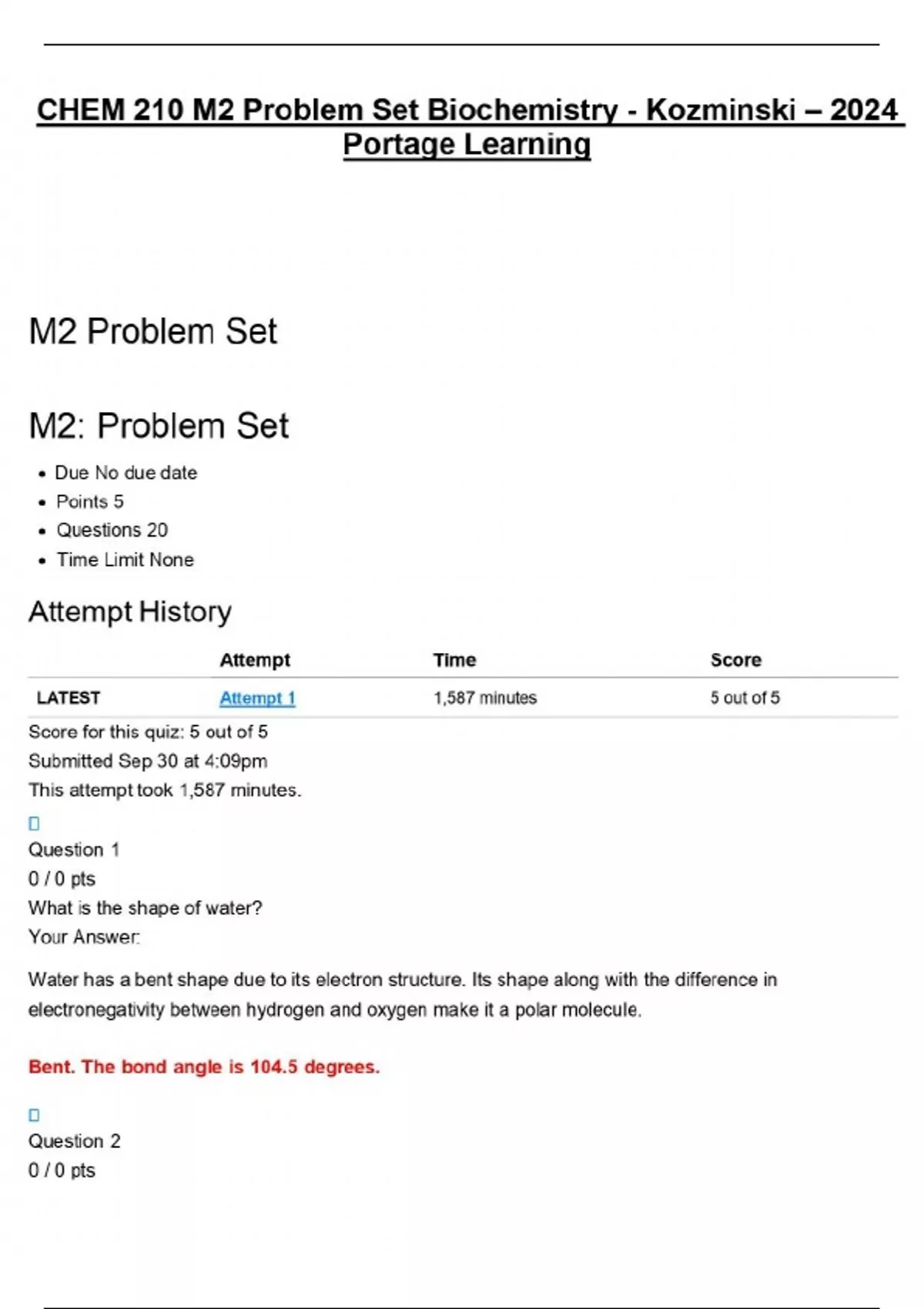 CHEM 210 M2 Problem Set Biochemistry - Kozminski – 2024 Portage ...