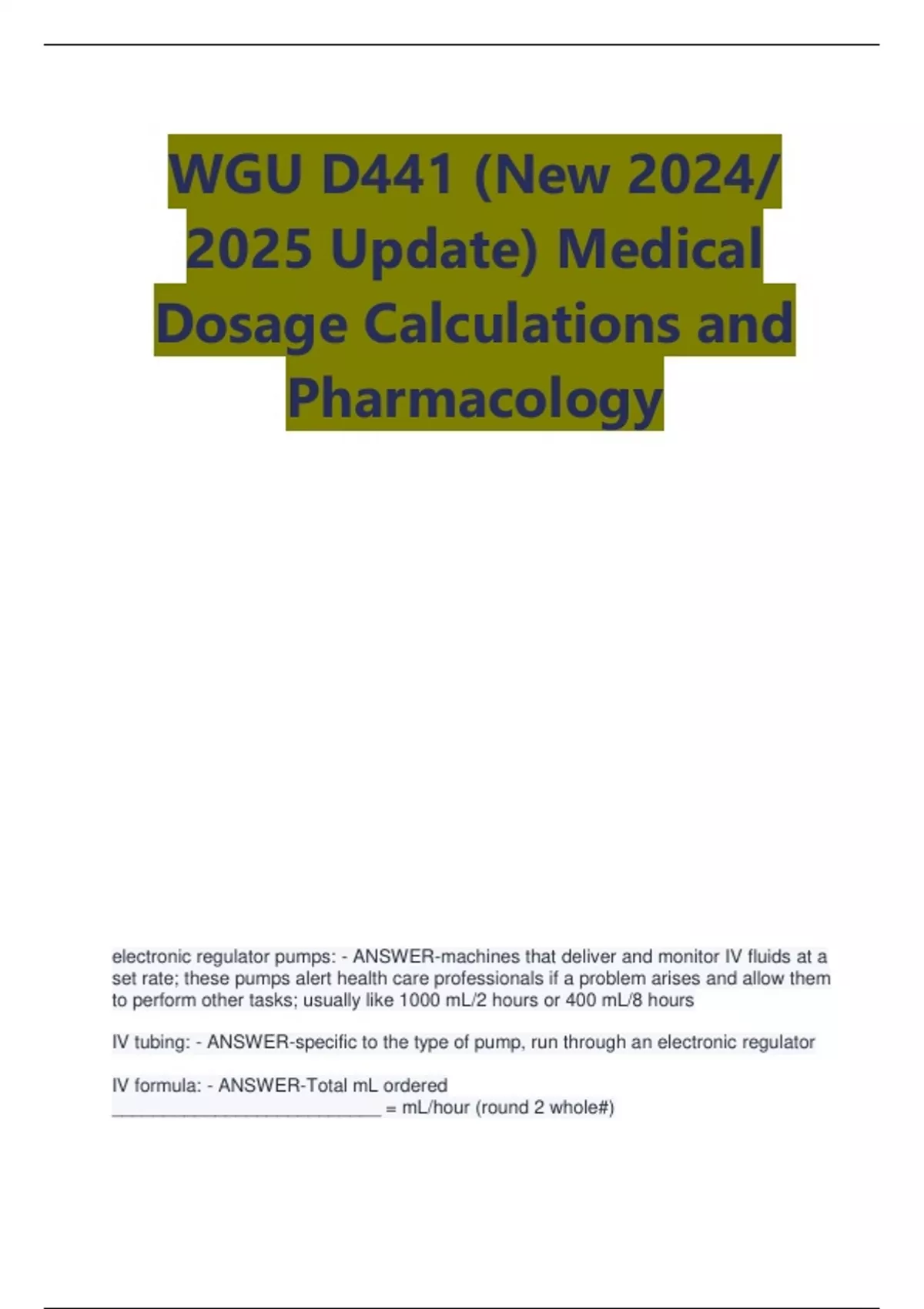 WGU D441 (New 2024/ 2025 Update) Medical Dosage Calculations and ...