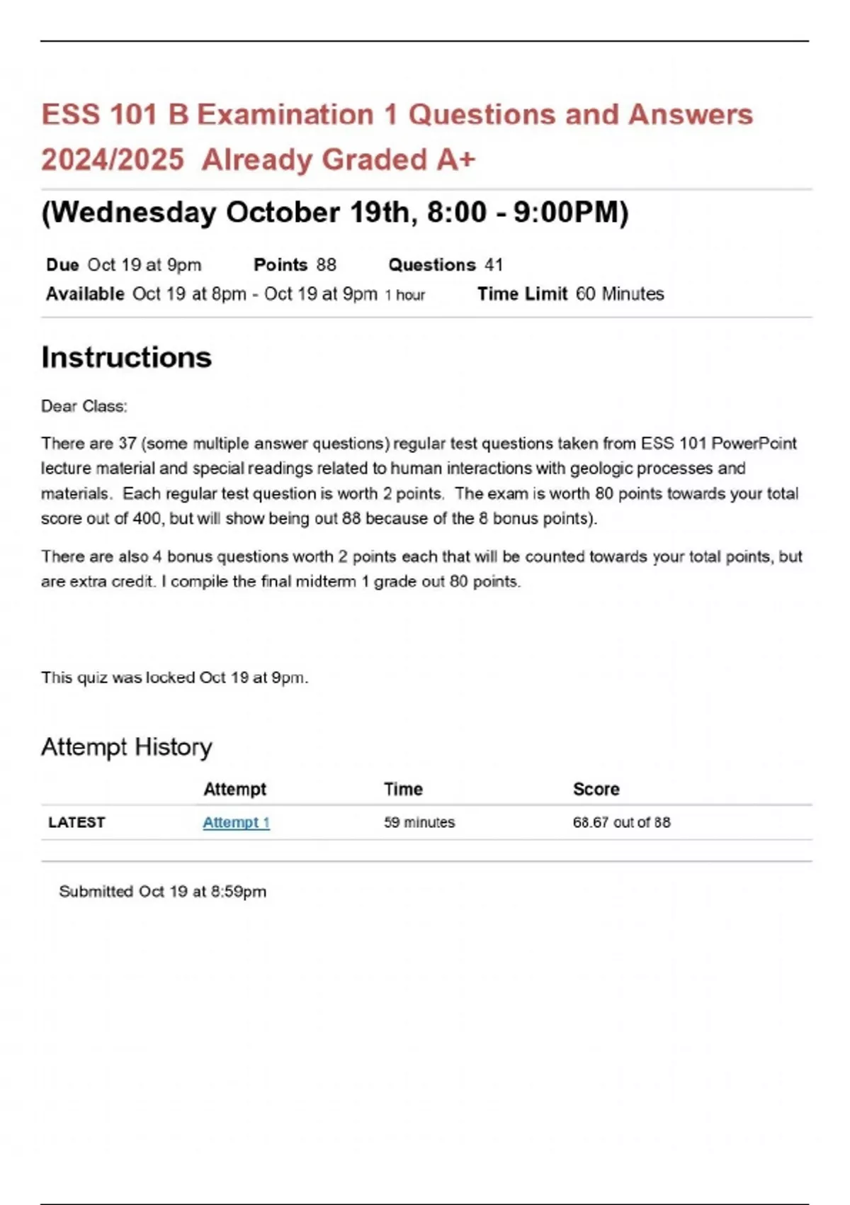 ESS 101 B Examination 1 Questions and Answers 2024/2025 Already Graded A+ - ESS 101 - Stuvia US