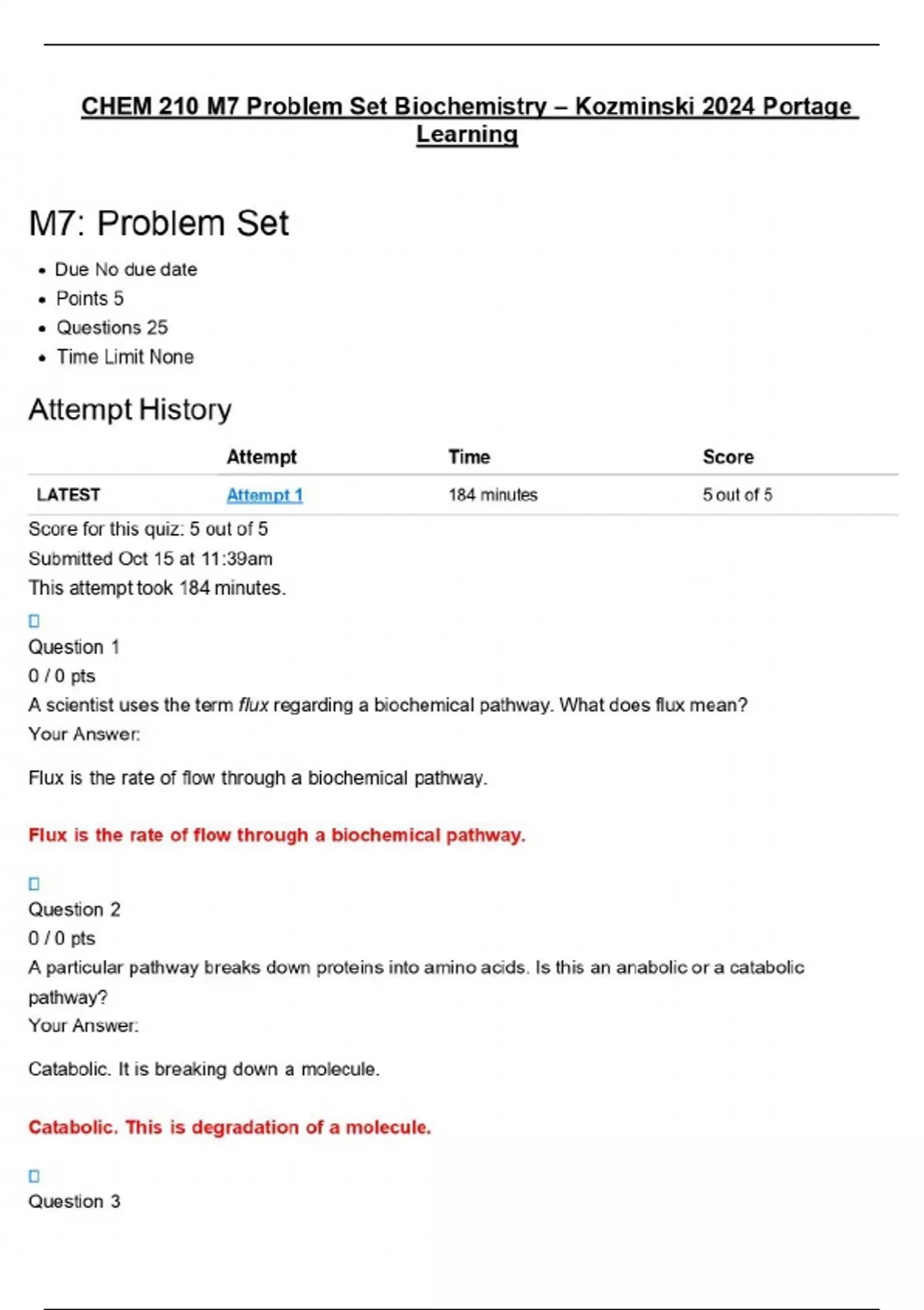CHEM 210 M7 Problem Set Biochemistry – Kozminski 2024 Portage Learning - CHEM 210 - Stuvia US