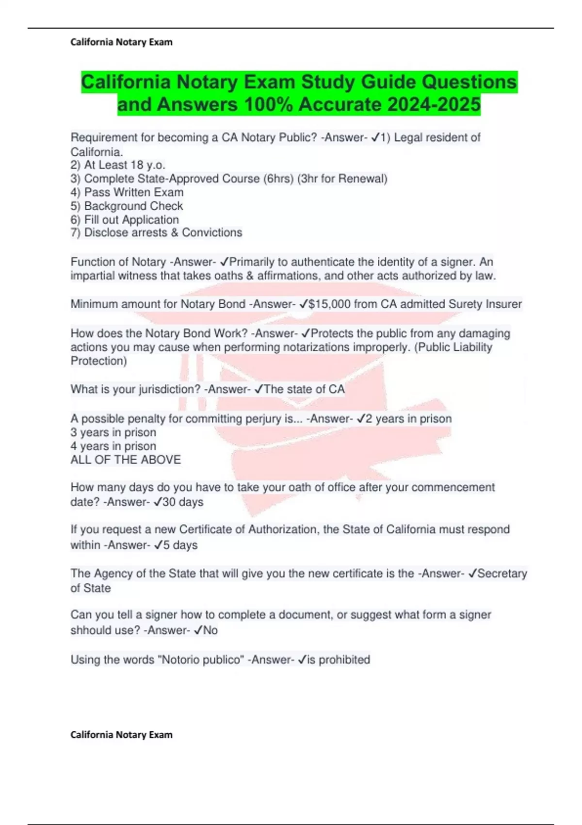 California Notary Exam Study Guide Questions and Answers 100% Accurate ...
