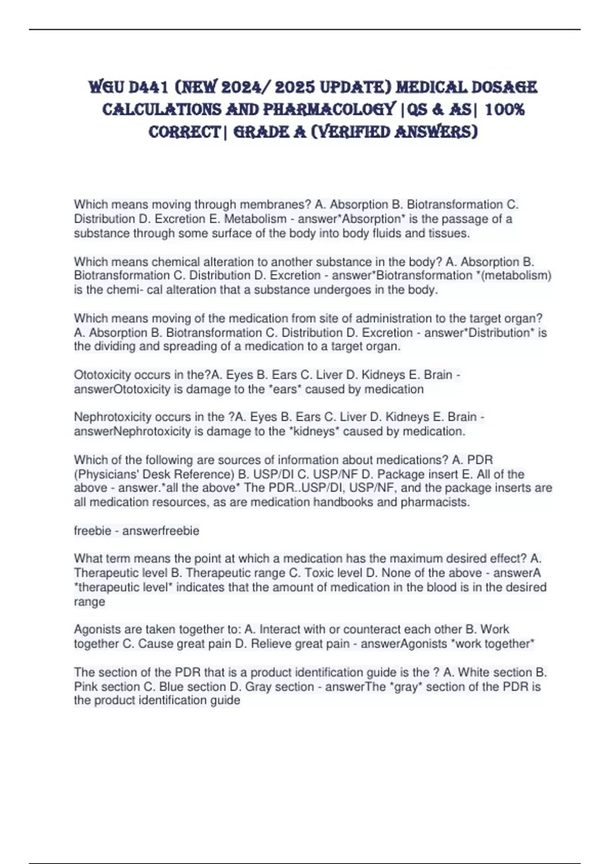 WGU D441 (New 2024/ 2025 Update) Medical Dosage Calculations and ...