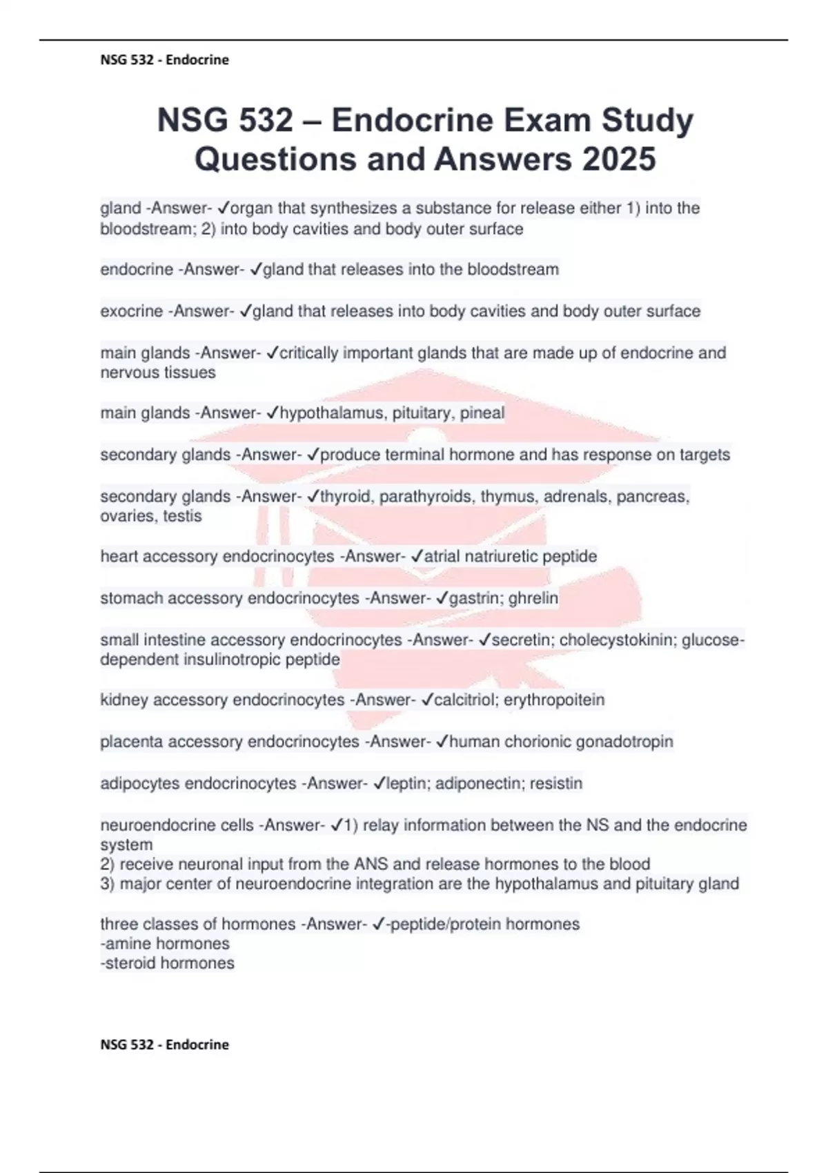 NSG 532 – Endocrine Exam Study Questions and Answers 2025 - NSG 532 ...
