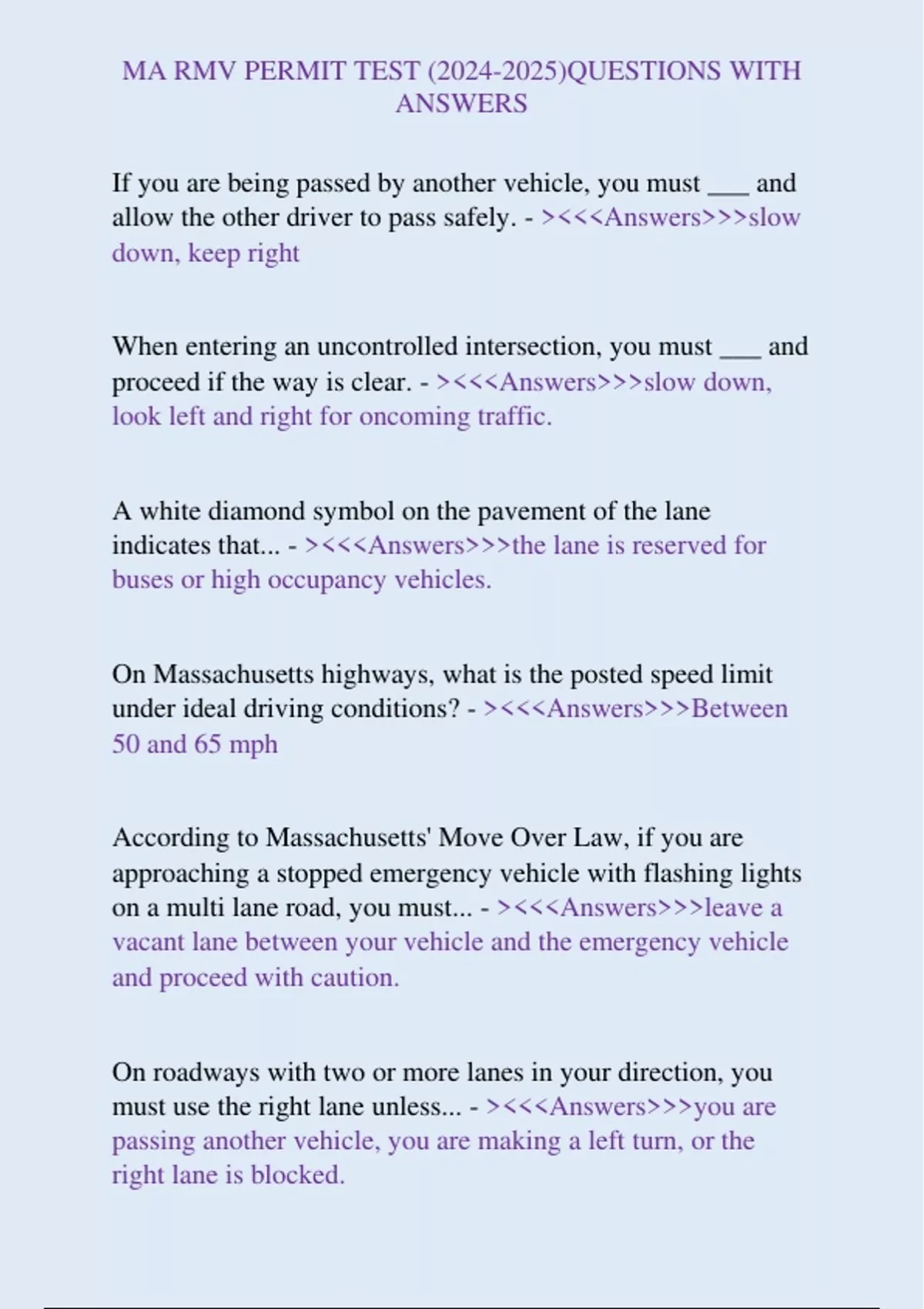 MA RMV PERMIT TEST ()QUESTIONS WITH ANSWERS - MA RMV PERMIT - Stuvia US