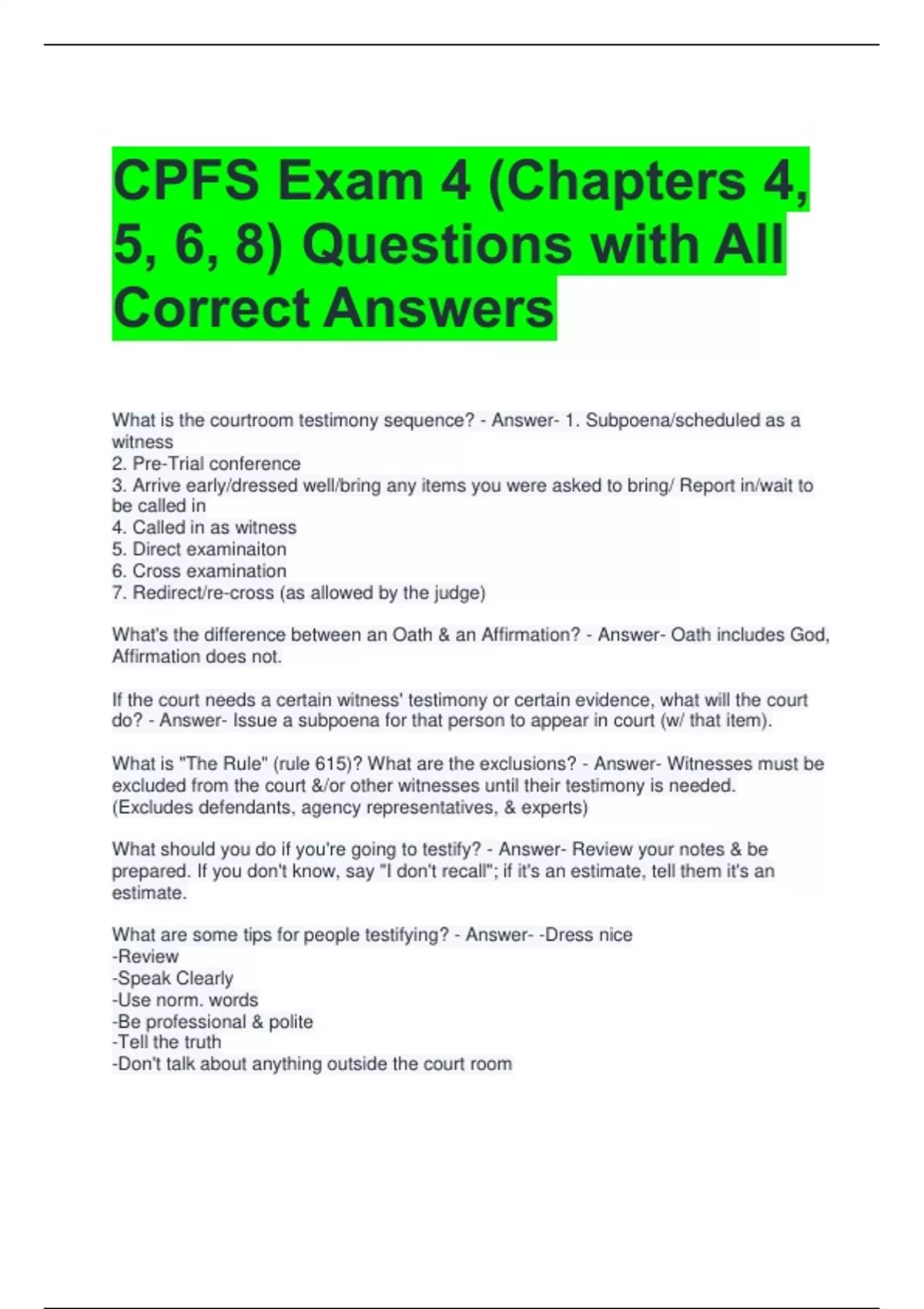 CPFS Exam 4 (Chapters 4, 5, 6, 8) Questions with All Correct Answers ...