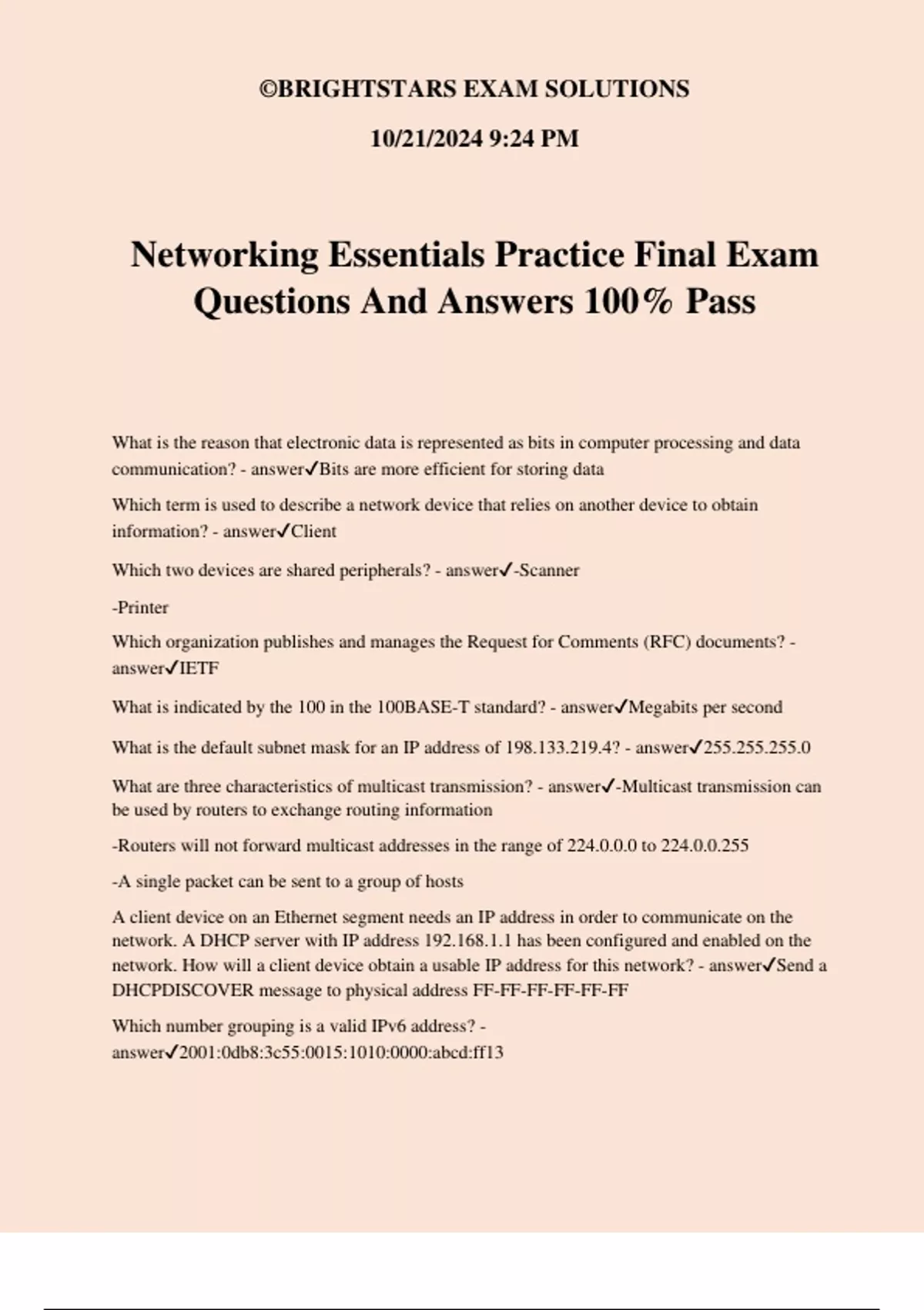 Networking Essentials Practice Final Exam Questions And Answers 100% Pass - Networking - Stuvia US